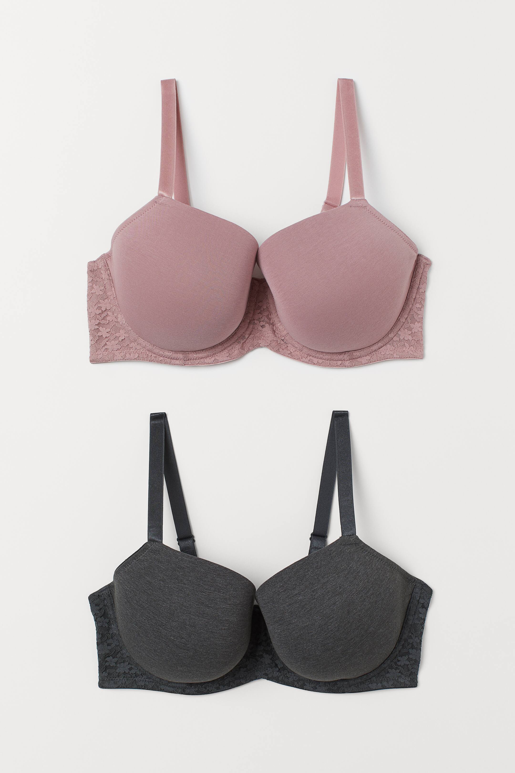 H&M+ 2-pack padded cotton bras - Dark grey/Vintage pink - Ladies | H&M IN