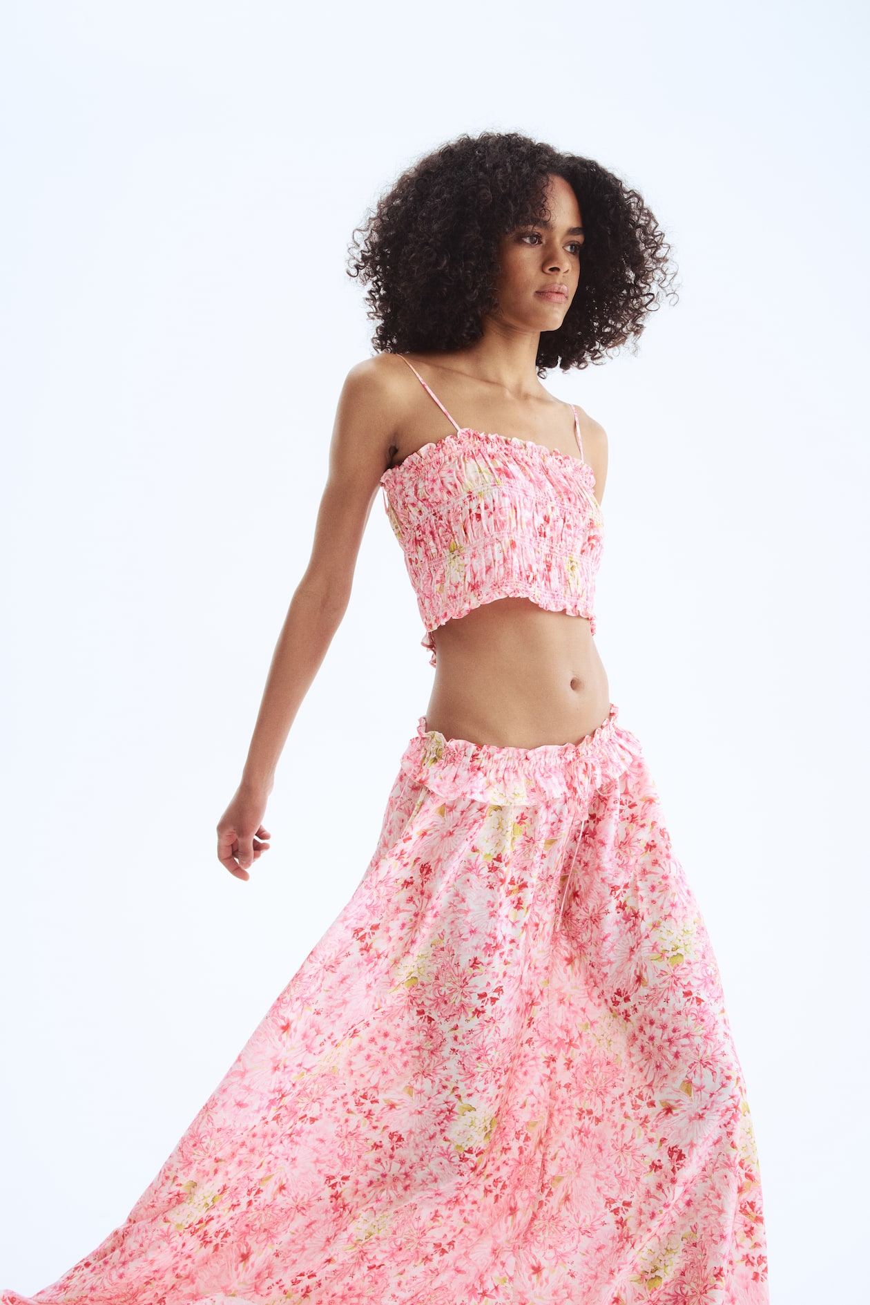 Saia comprida com orla de folho - Rosa claro/Floral - SENHORA | H&M PT