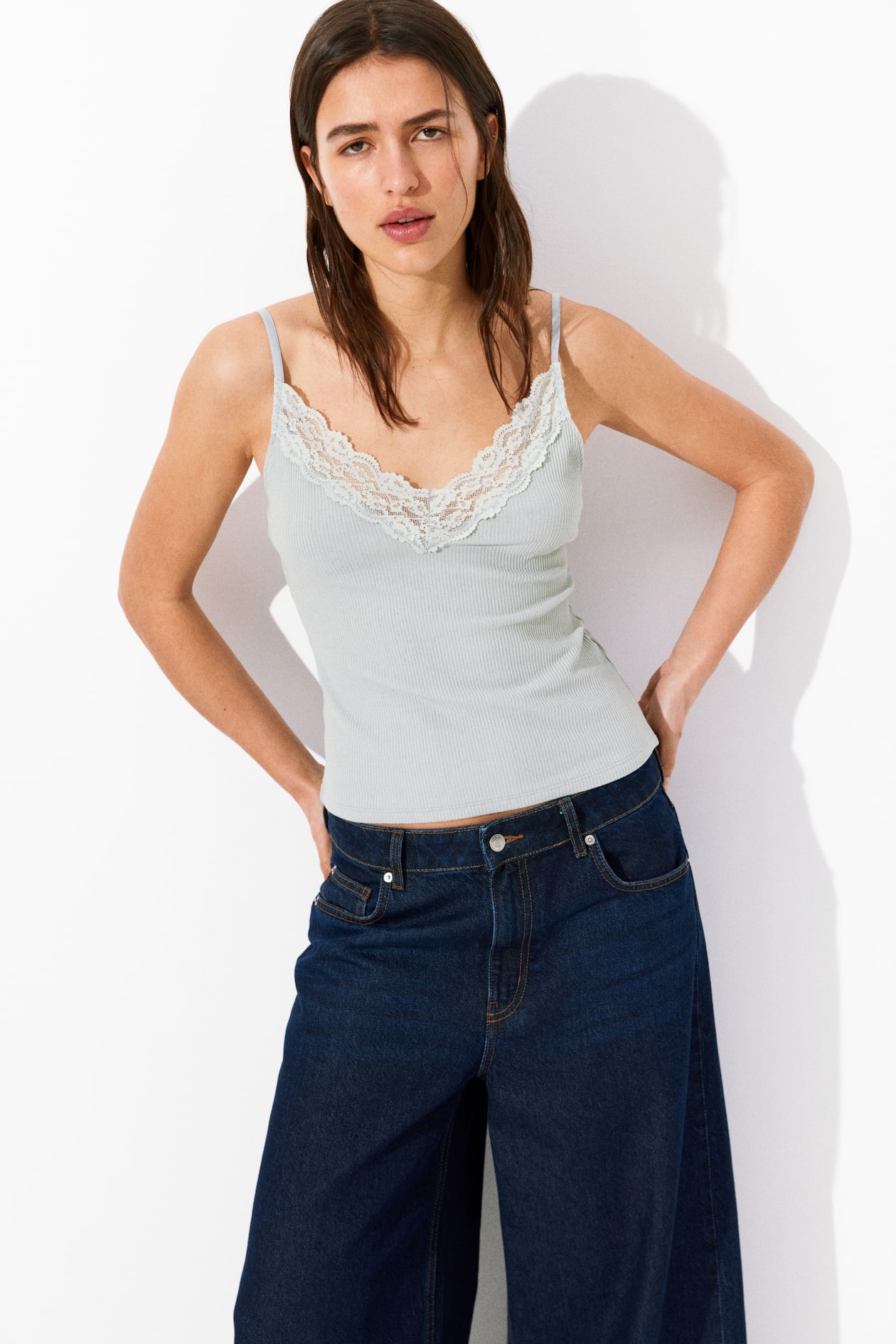 Top de alças com renda - Cinzento azulado claro - SENHORA | H&M PT