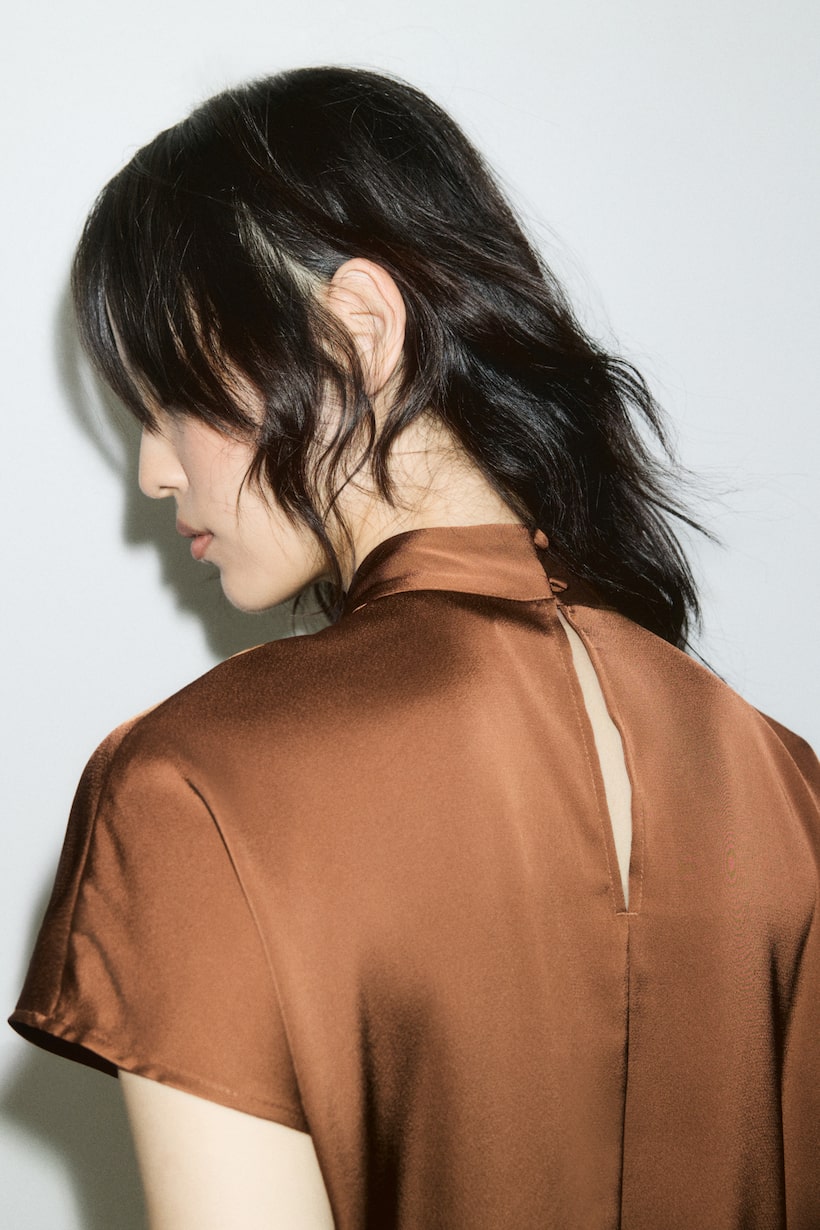 Women's Brown Stand-Up Collar Satin Blouse | H&M US