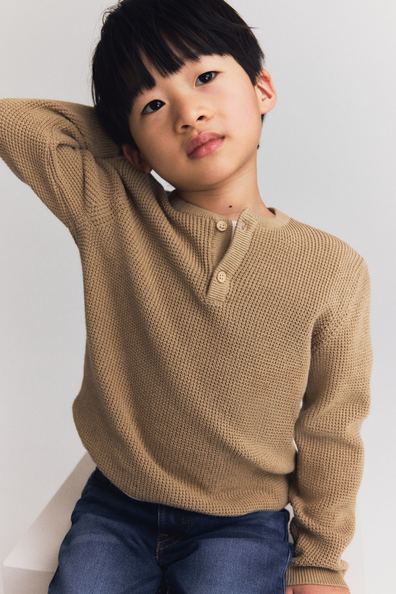 Waffle-knit Henley Sweater - Beige - Kids | H&M US
