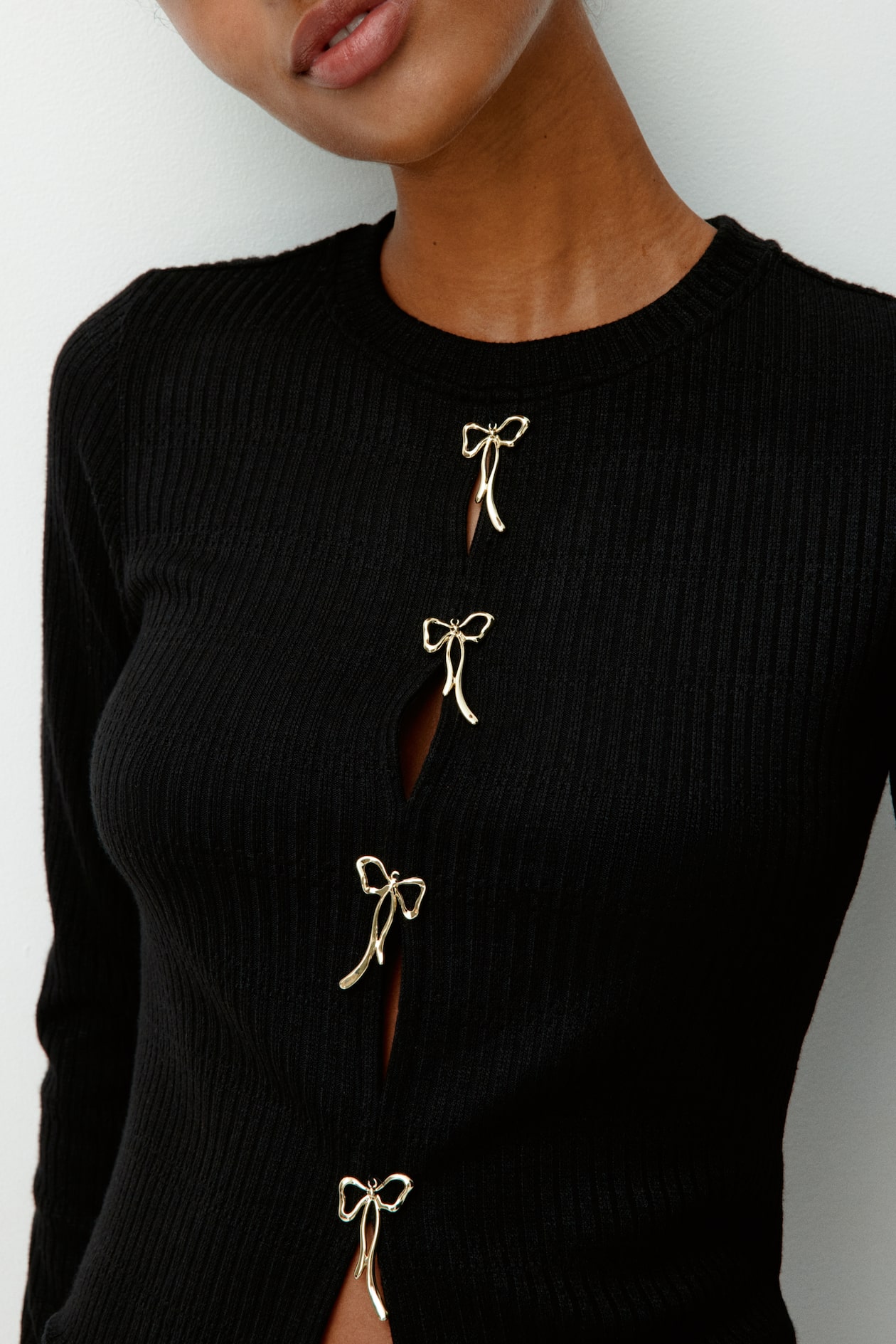 Ribbed bow-detail top - Black - Ladies | H&M GB