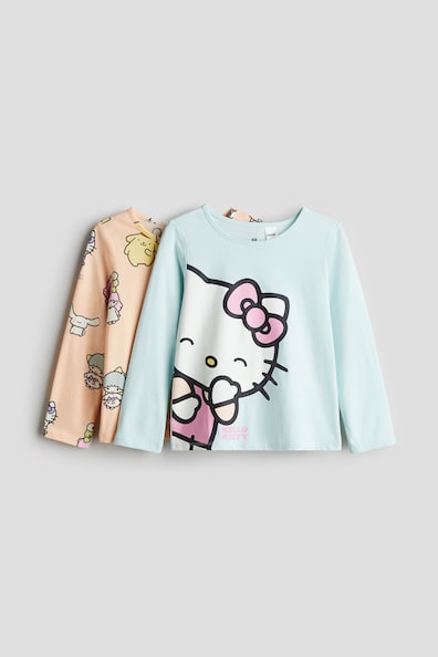 2-pack Long-sleeved Jersey Tops - Turquoise/Hello Kitty - Kids | H&M US
