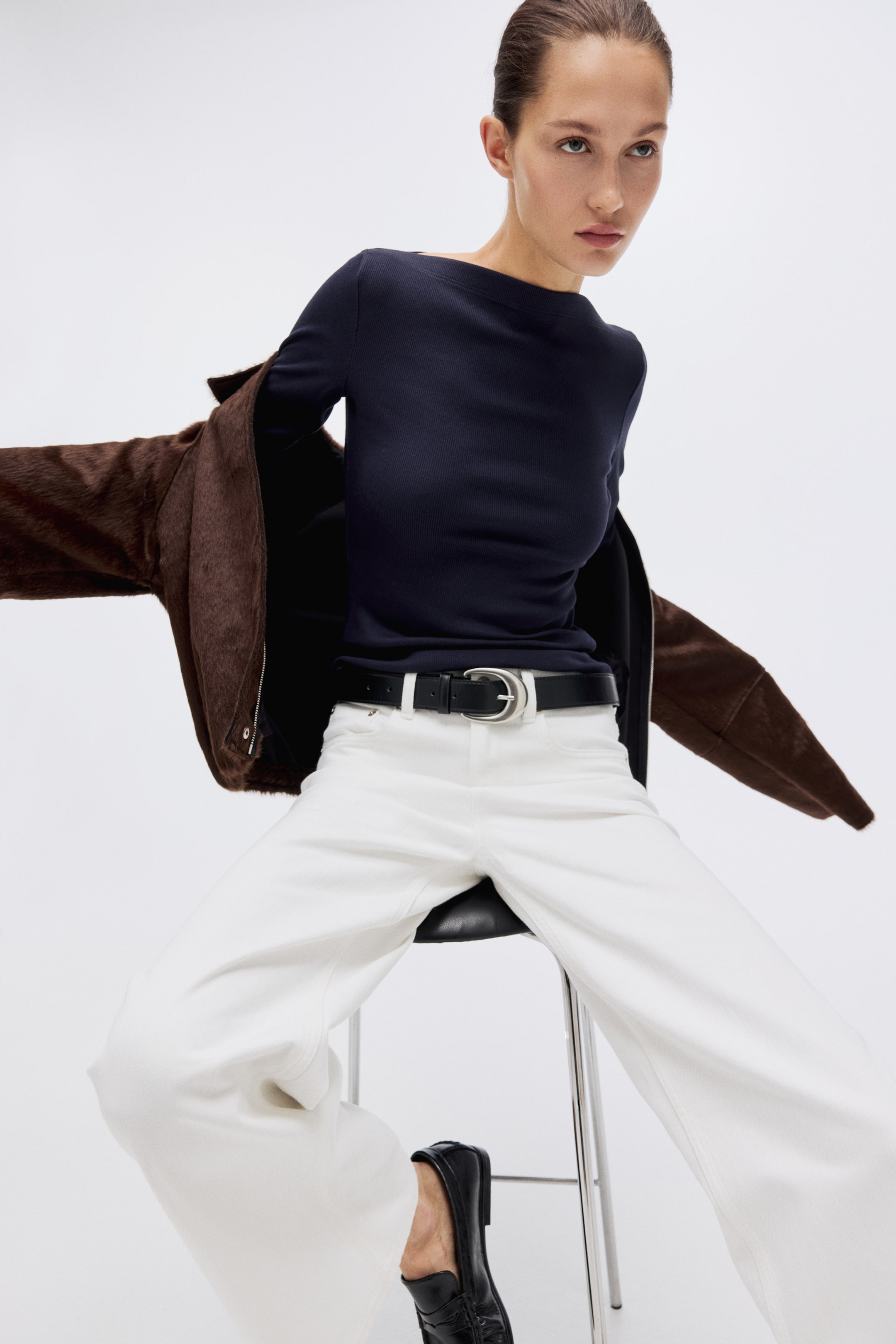 Women's Navy blue Ribbed Boat-Neck Top | H&M CA