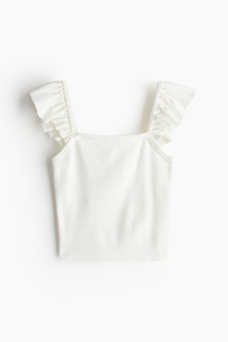 Flutter-sleeved rib-knit top - Cream - Ladies | H&M GB