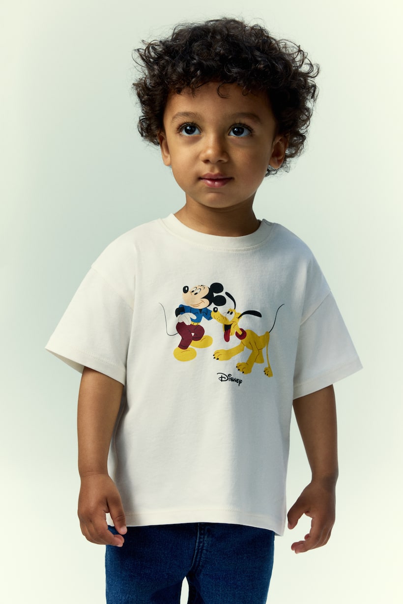 Cotton T-Shirt with Printed Motif - Cream/Mickey Mouse - Kids | H&M US