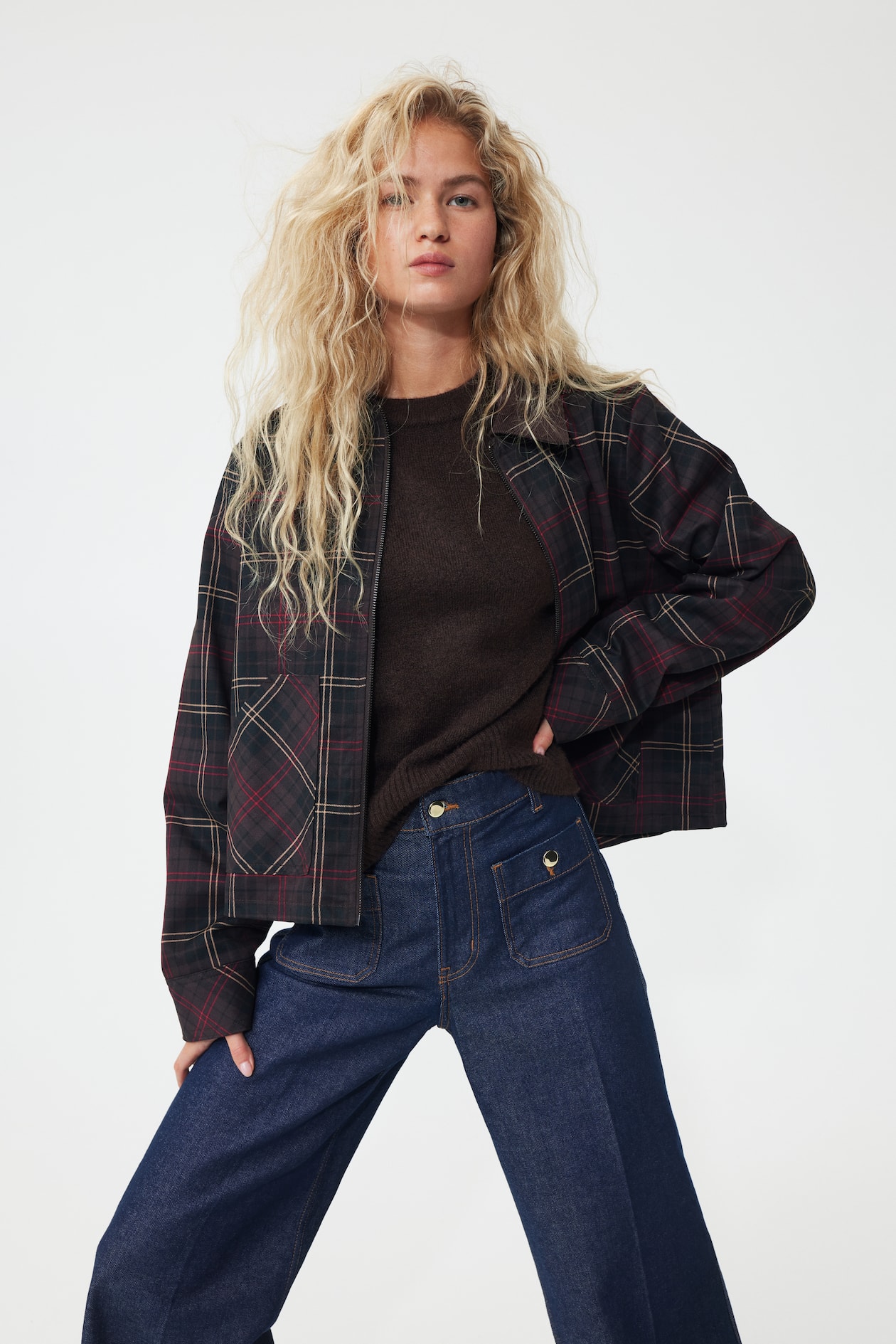 Twilljakke med krage i cord - Mørk brun/Rutet - Ladies | H&M NO