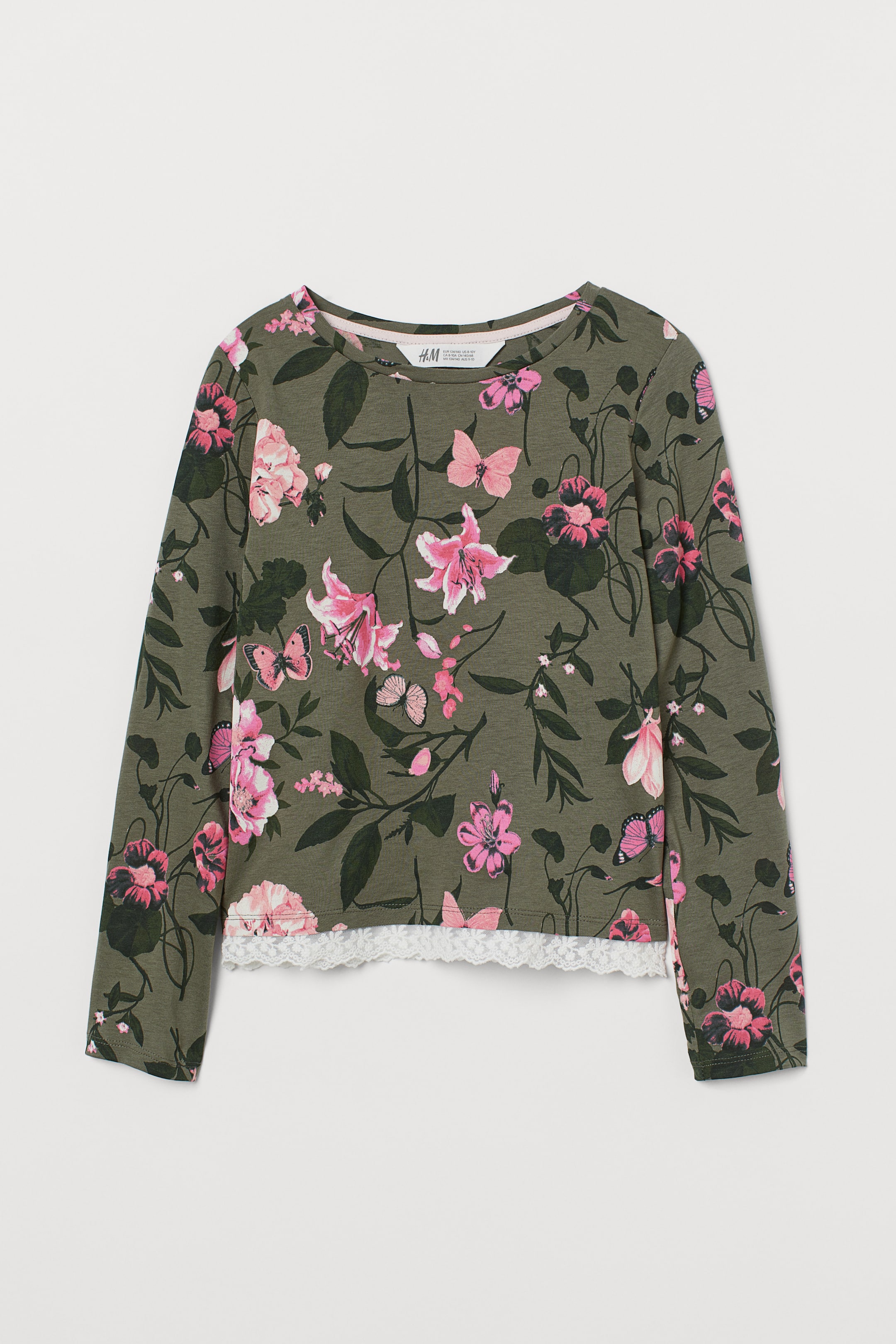 Maglia in jersey con pizzo - Scollo arrotondato - A maniche lunghe - Verde kaki/fiori - BAMBINO ...