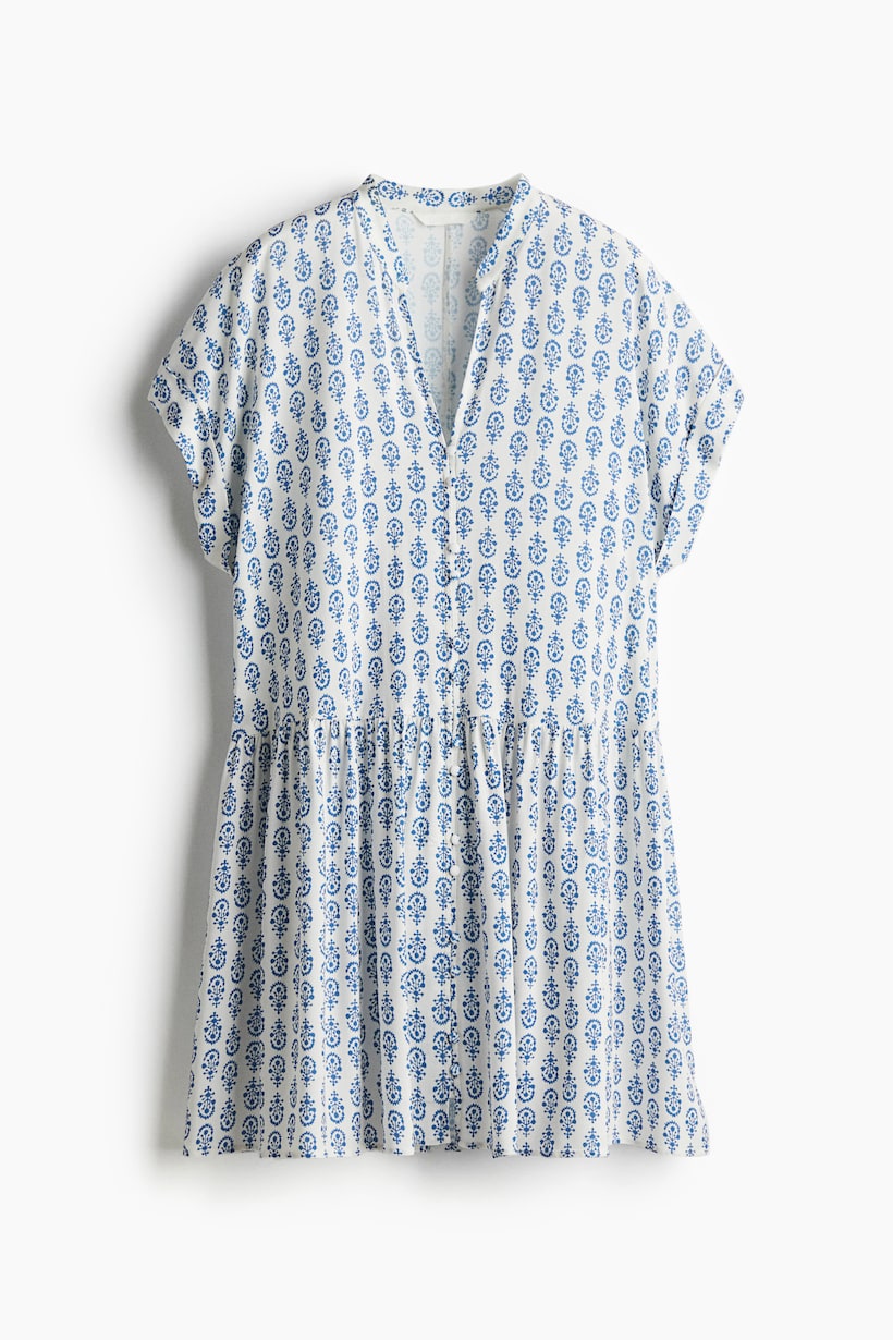 Women's White/Blue pattern Crinkled Tunic Dress | H&M AU