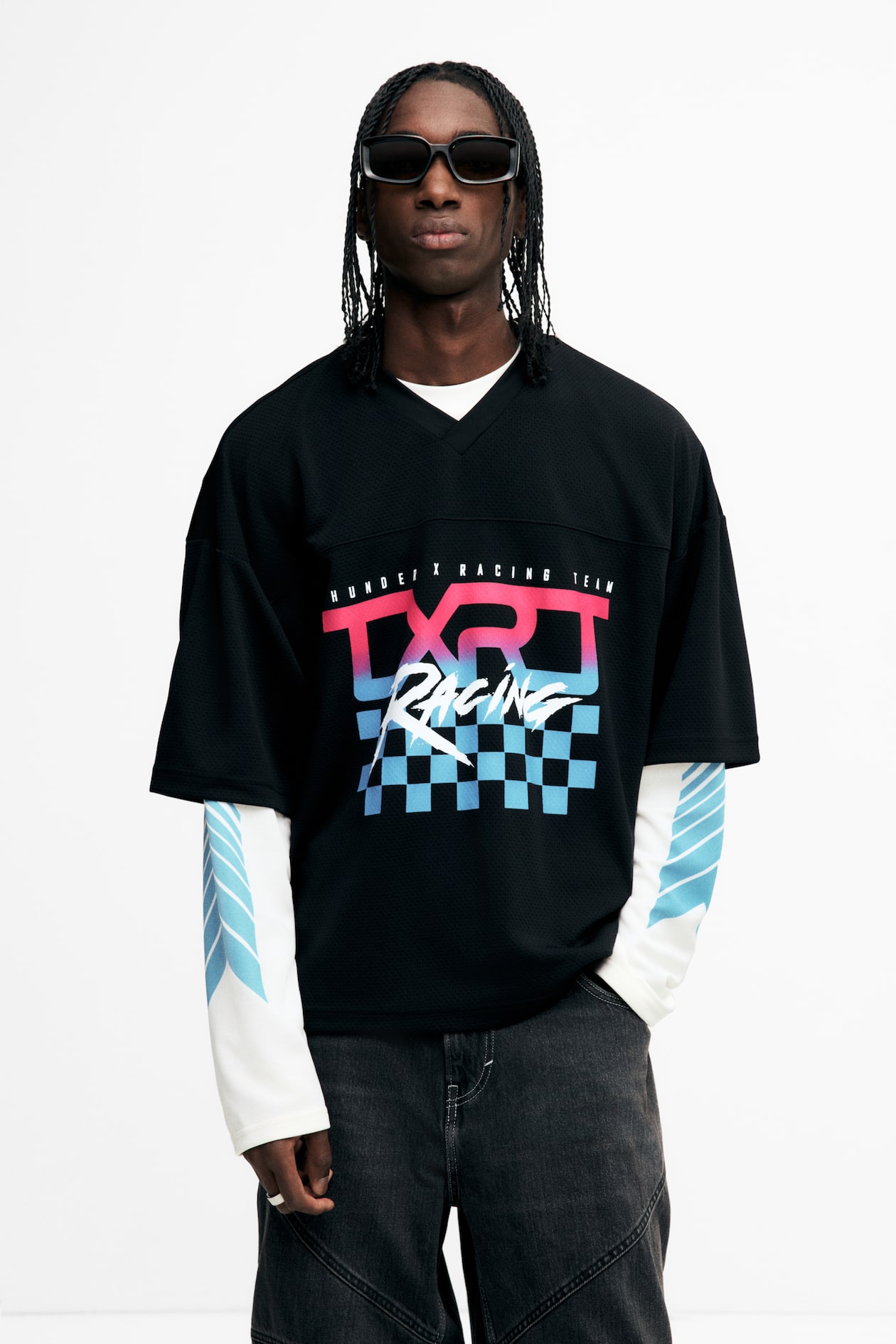 Men’s Black/TXRT Oversized Fit Printed mesh T-shirt | H&M GB