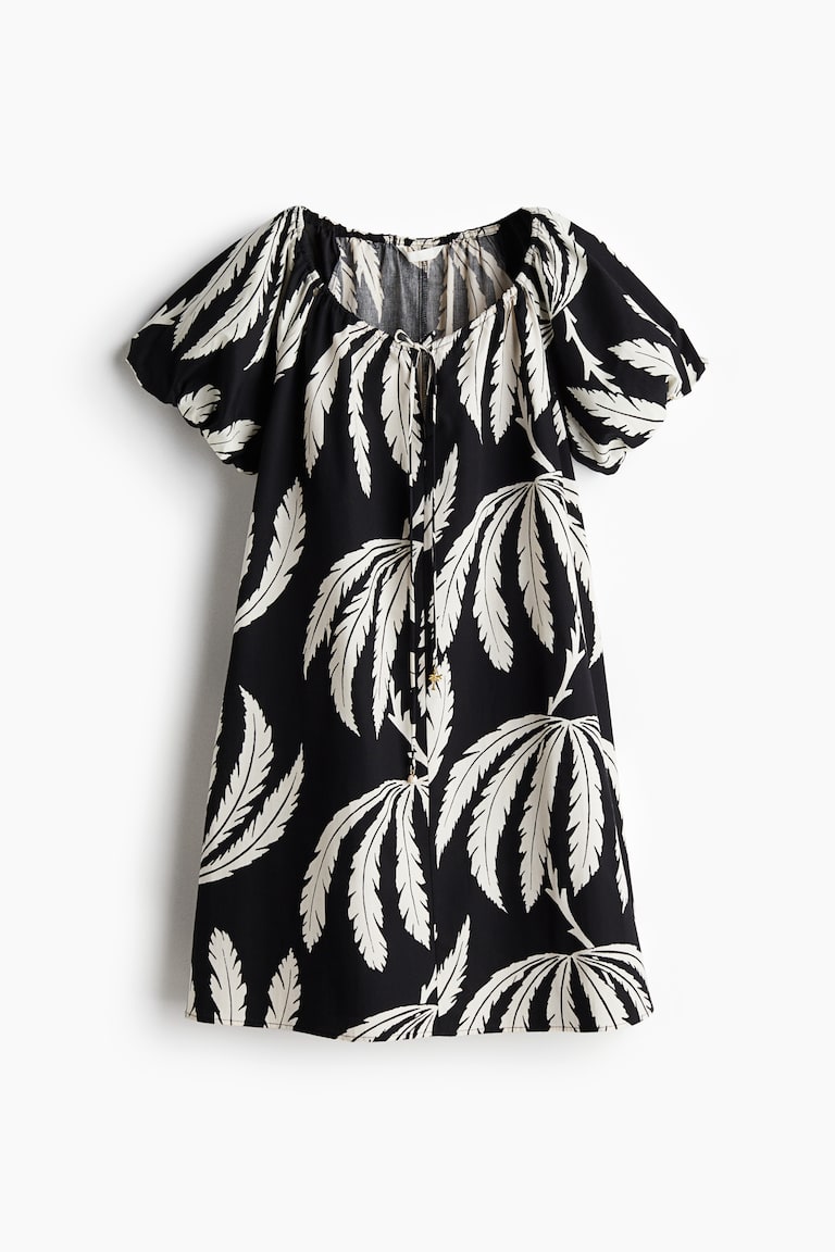 Drawstring-Neck Dress - Black/leaf-patterned - Ladies | H&M US