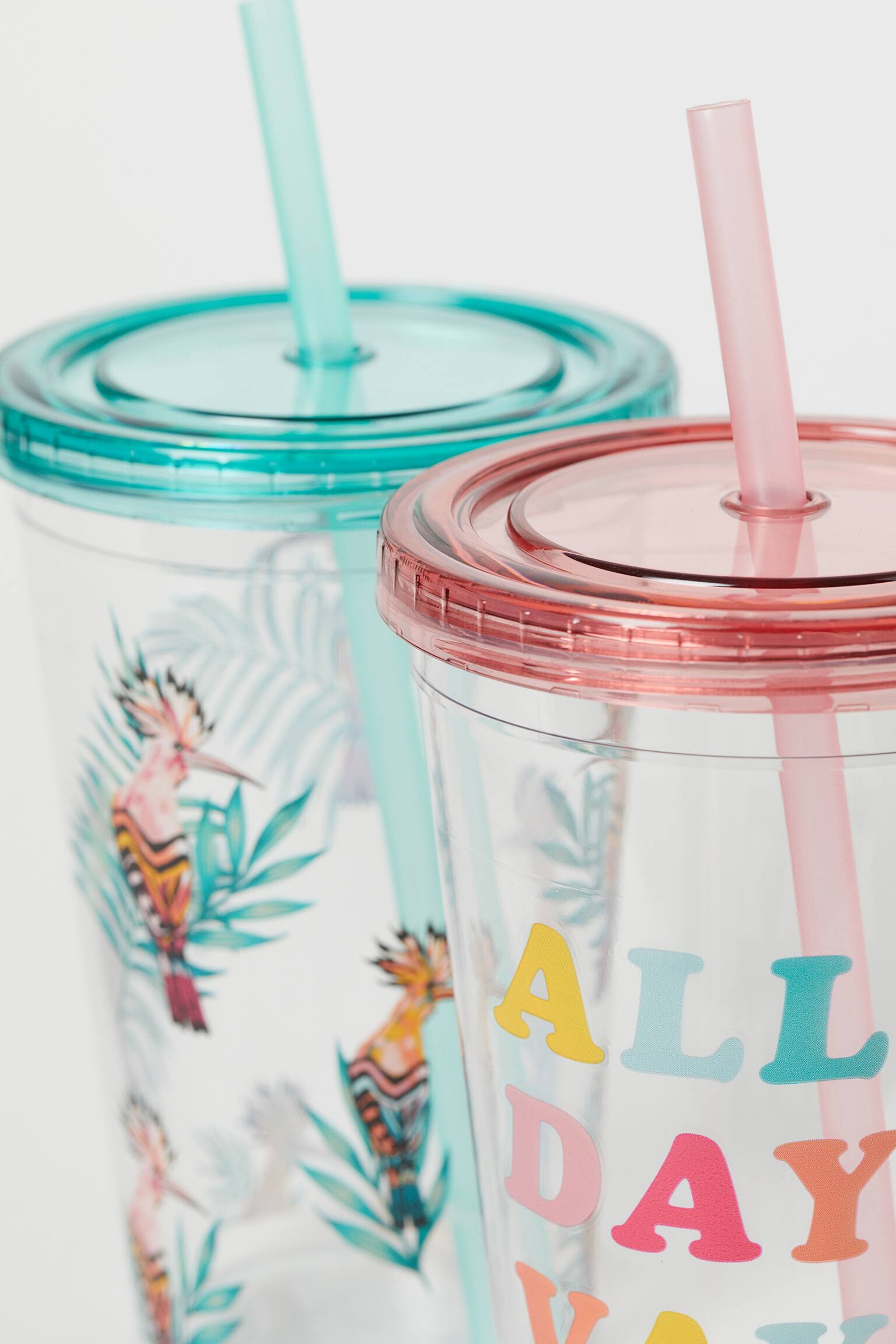 Plastic Mug with Straw - Light turquoise/birds - Home All | H&M US