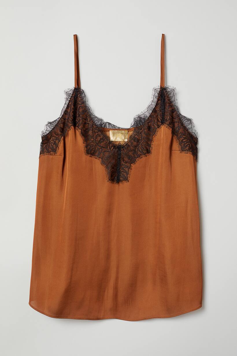 Strappy satin top with lace - Light brown - Ladies | H&M GB