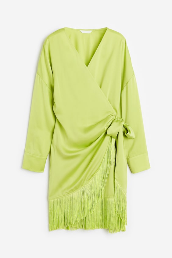 Fringe-trimmed Satin Wrap Dress - Lime green - Ladies | H&M US