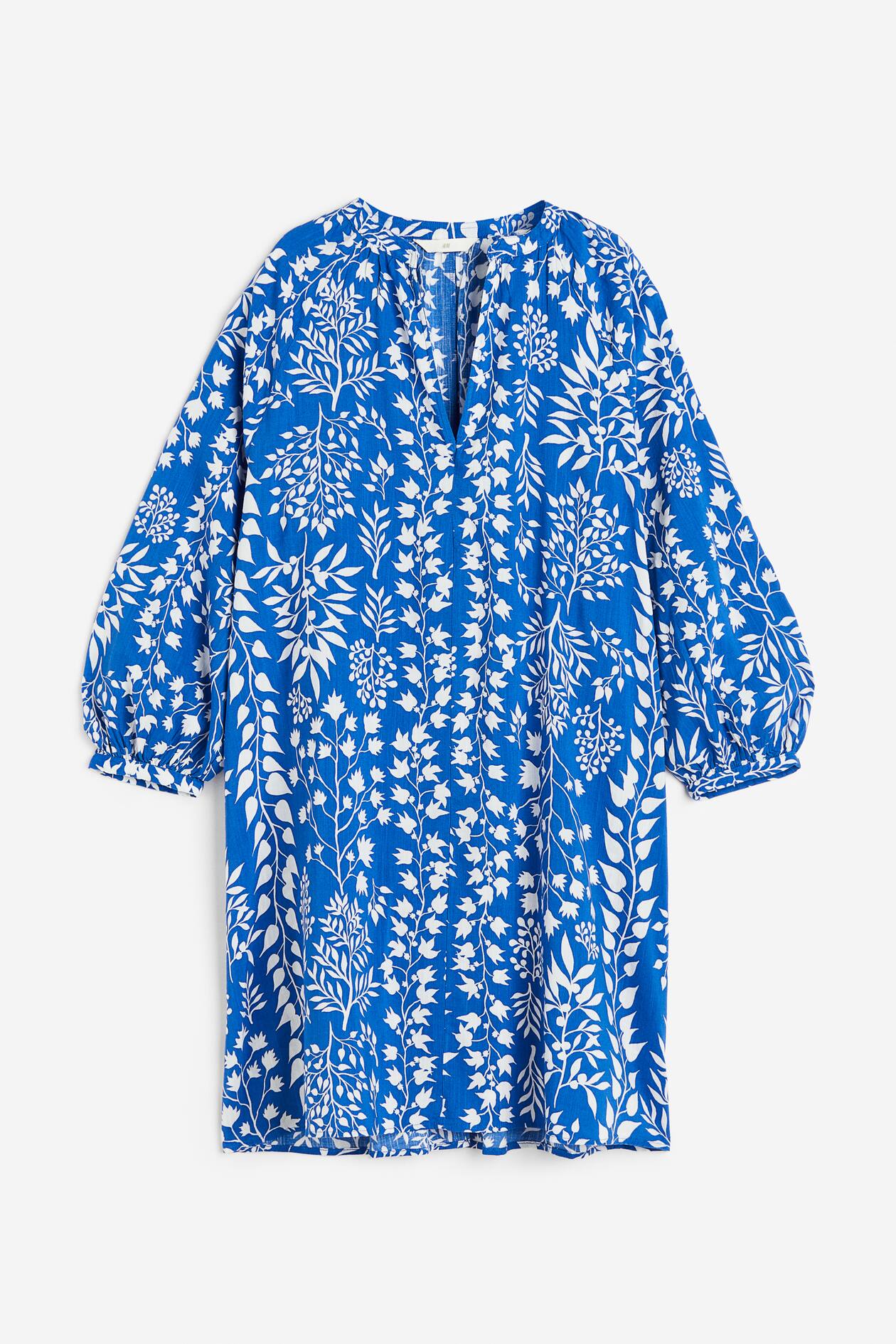 Double-weave tunic dress - Blue/Floral - Ladies | H&M MY