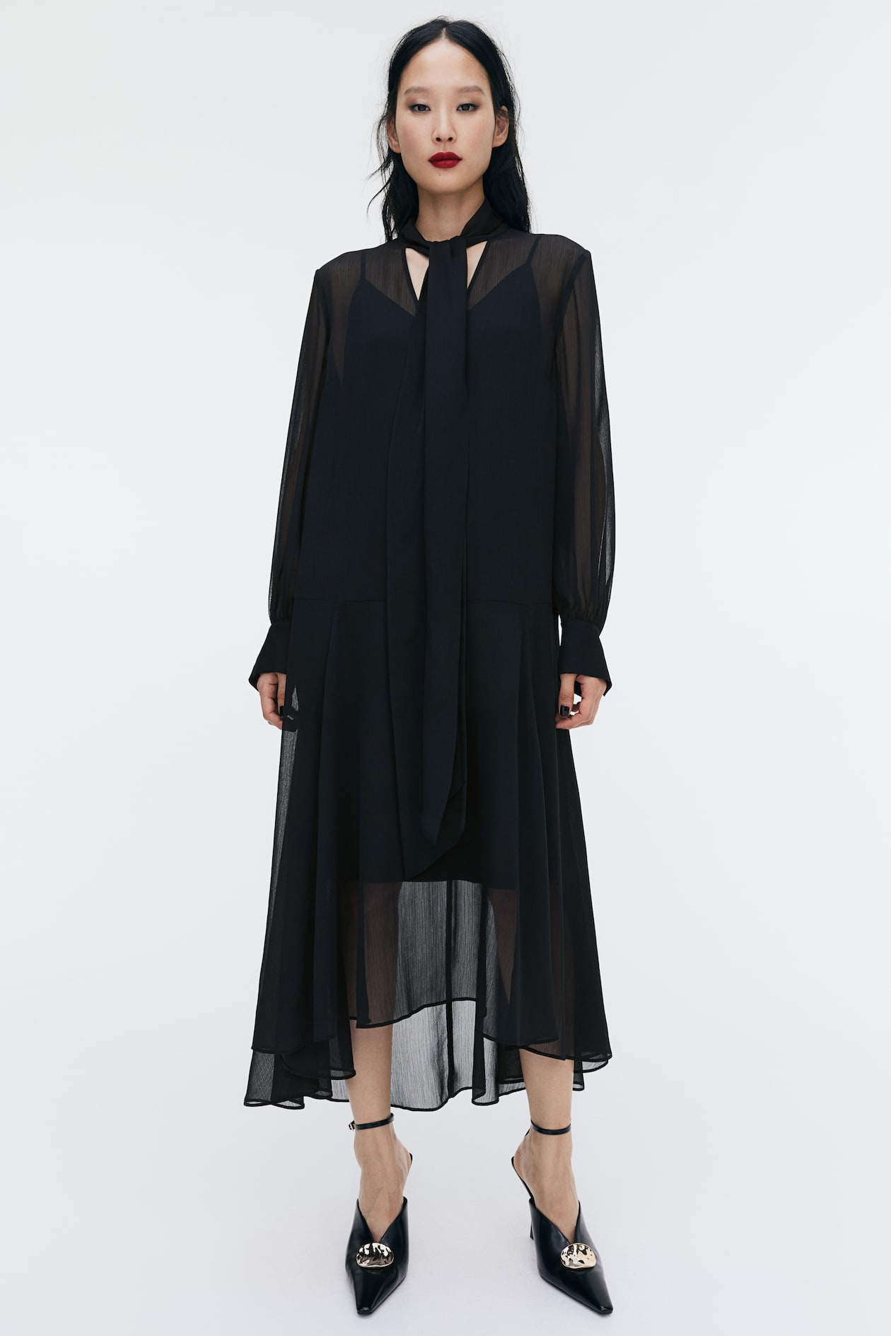 Women's Black Sheer Tie-Neck Dress - Long - Regular fit - Flared | H&M CA