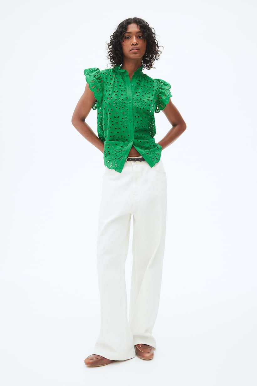 Blouse with Eyelet Embroidery - Green - Ladies | H&M US