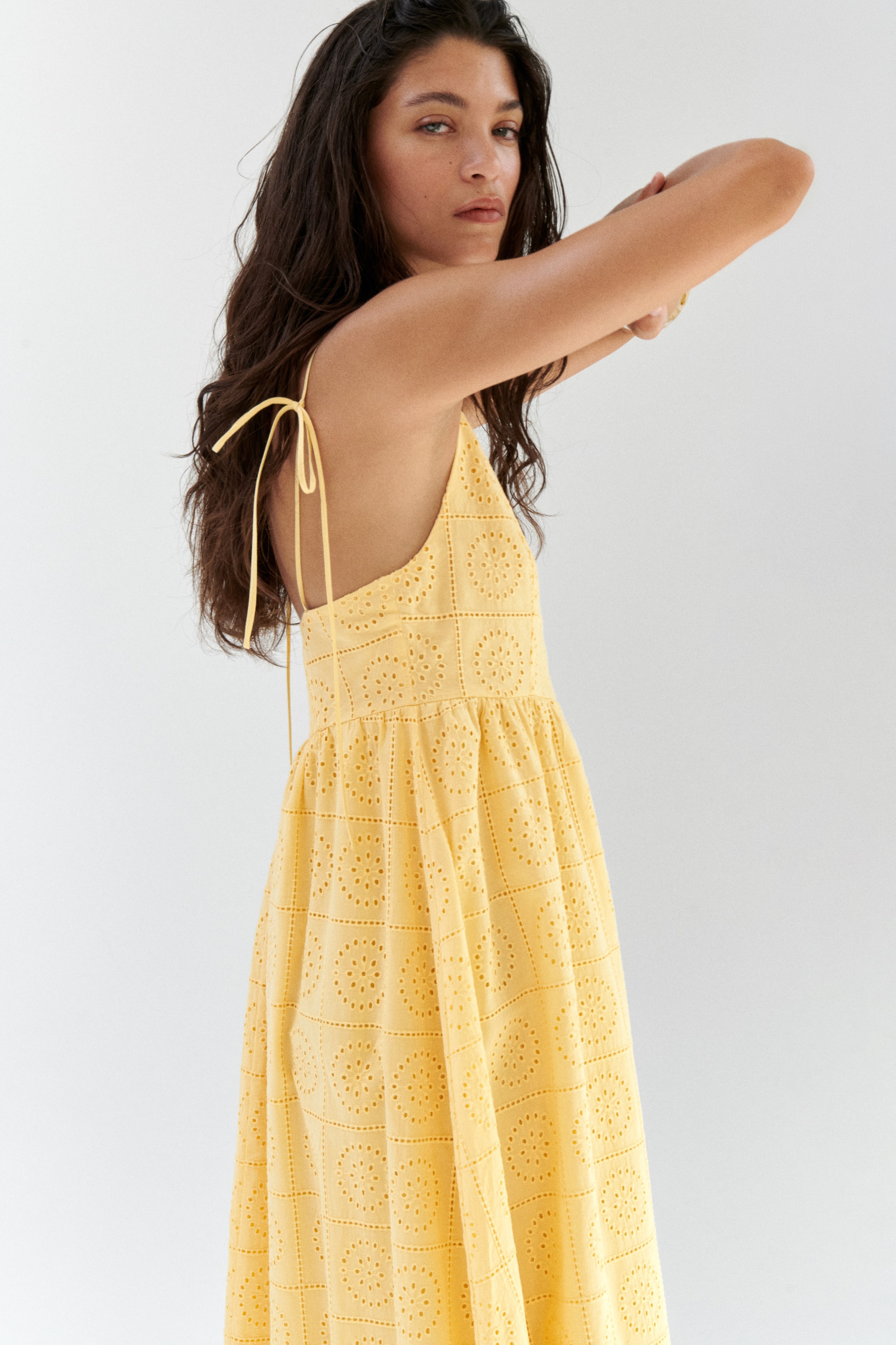 Women's Yellow Eyelet-Embroidered Tie-Shoulder-Strap Dress | H&M CA