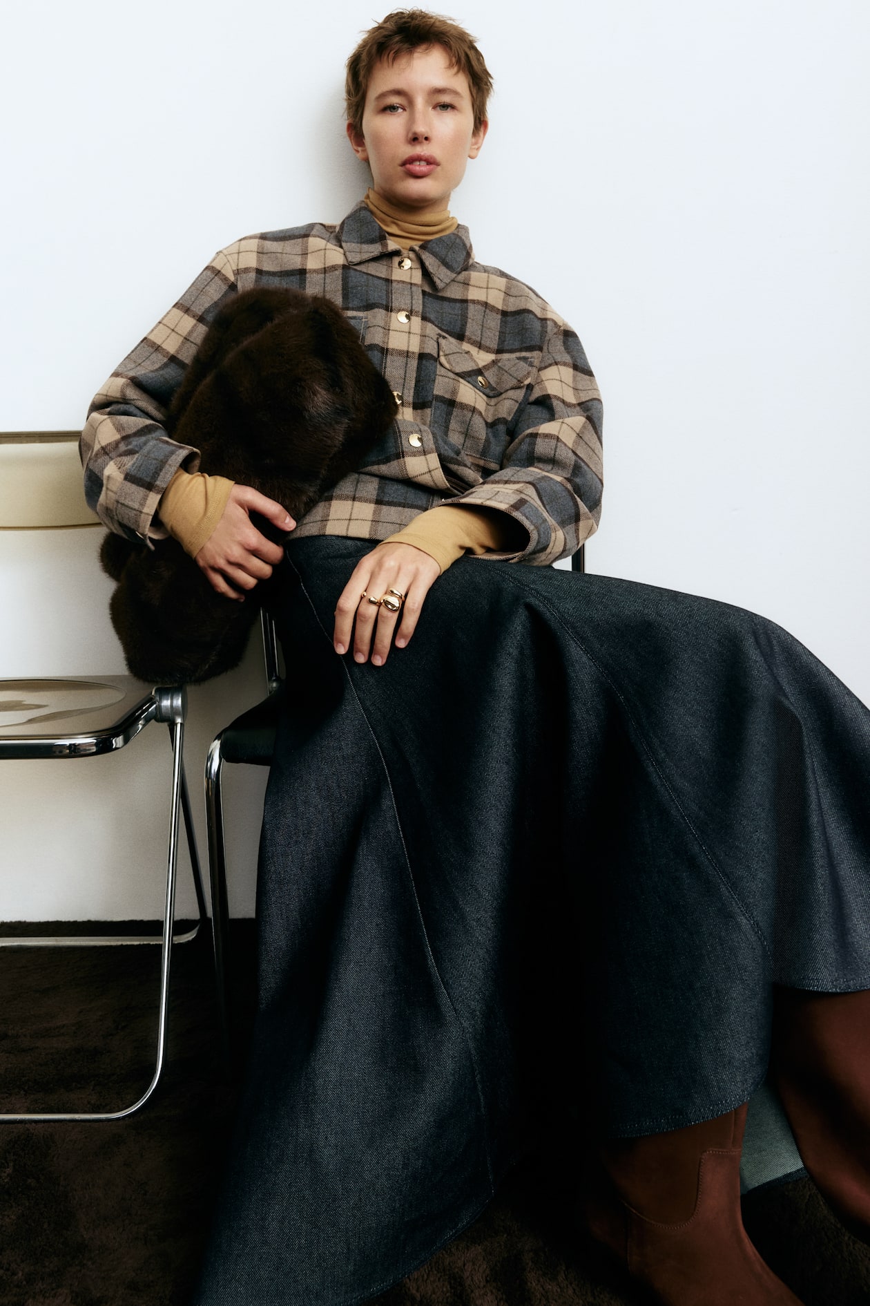 Oversized shacket - Light beige/Checked - Ladies | H&M IN