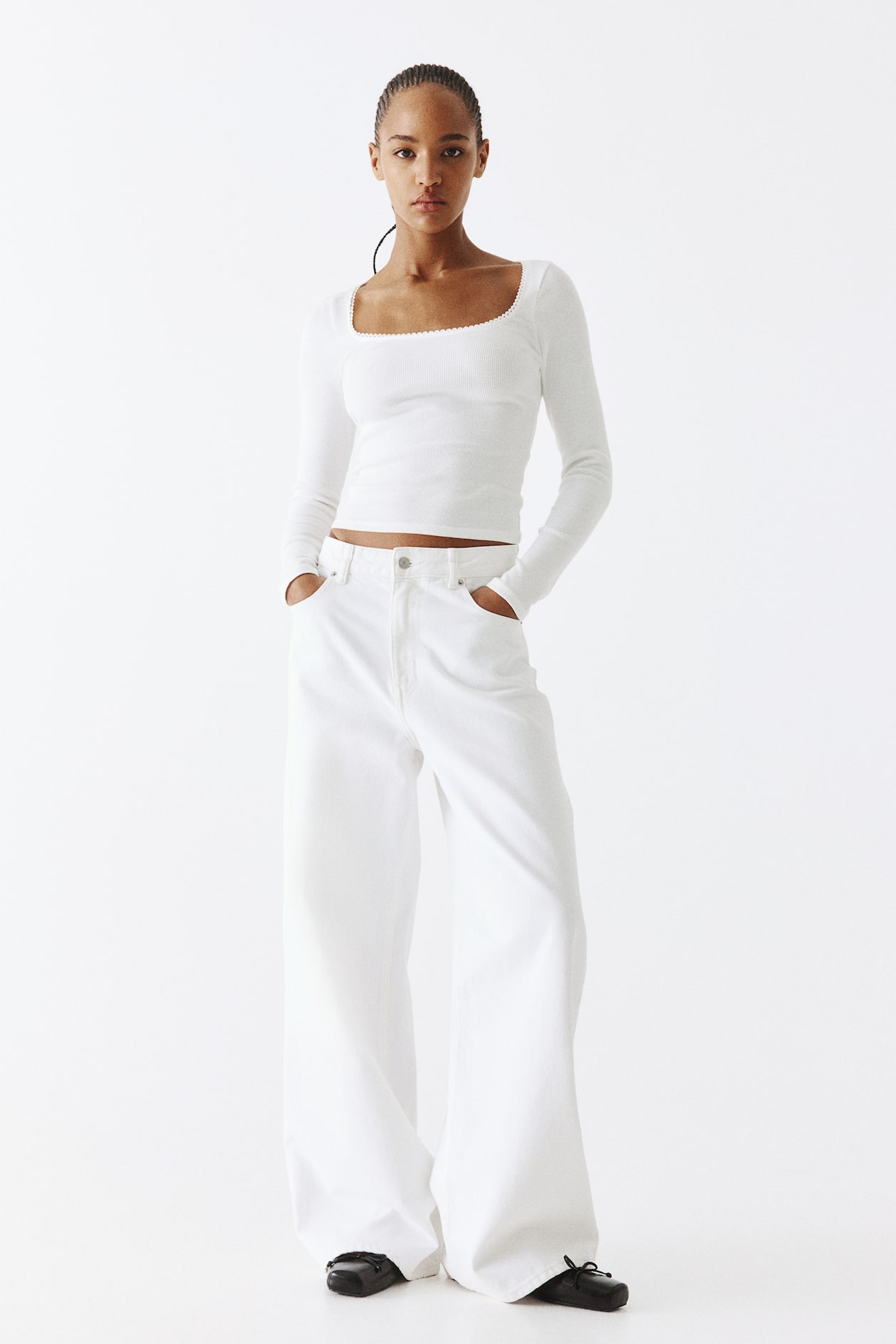 Picot-Trimmed Cotton Top - Cream - Ladies | H&M US