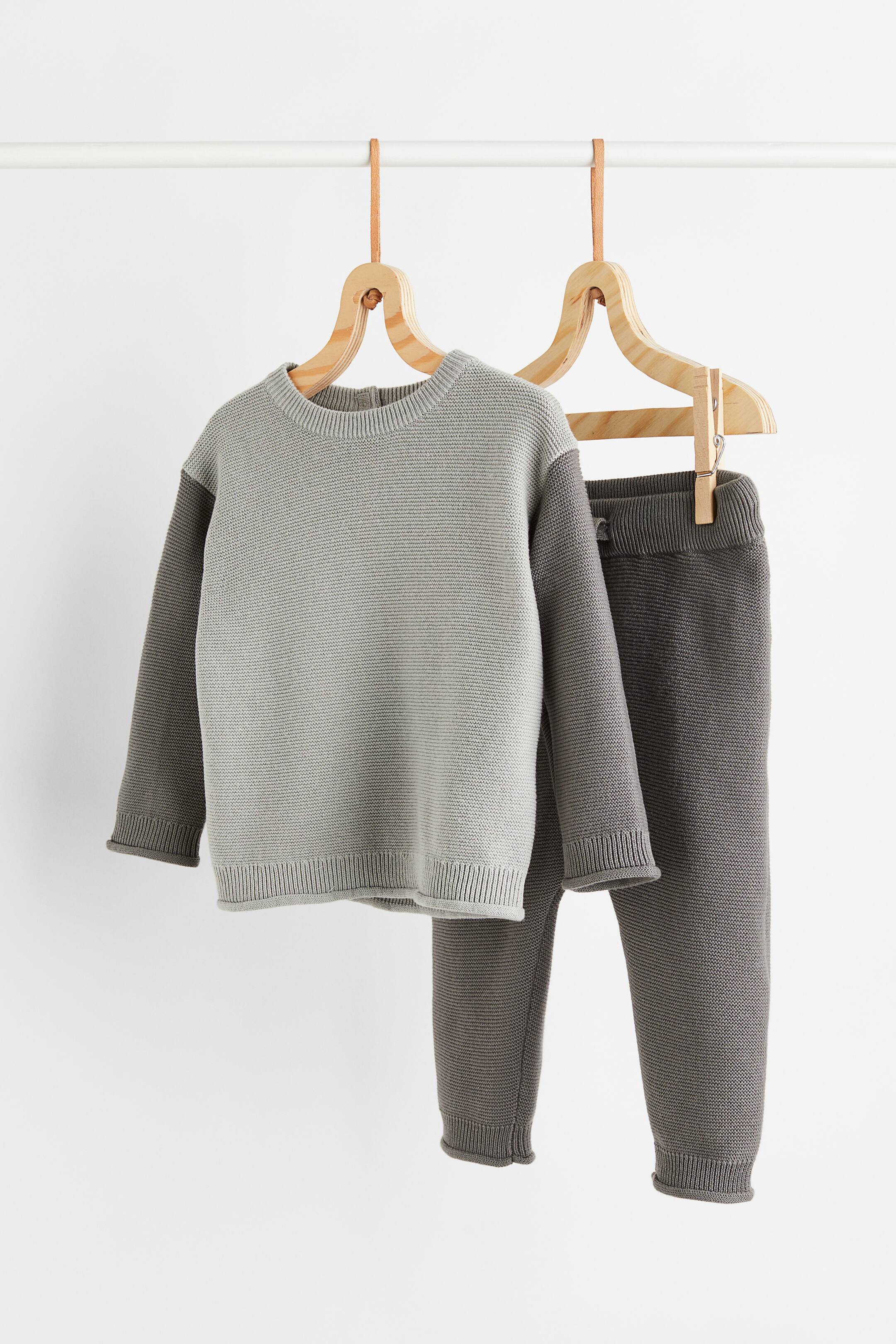 2-piece fine-knit cotton set - Light grey/Grey - Kids | H&M