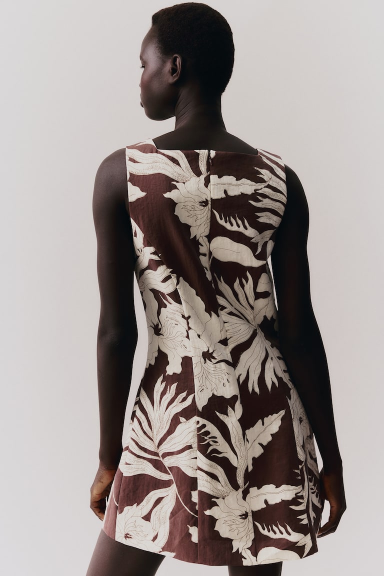 Square-Neck Twill Dress - Dark brown/floral - Ladies | H&M US