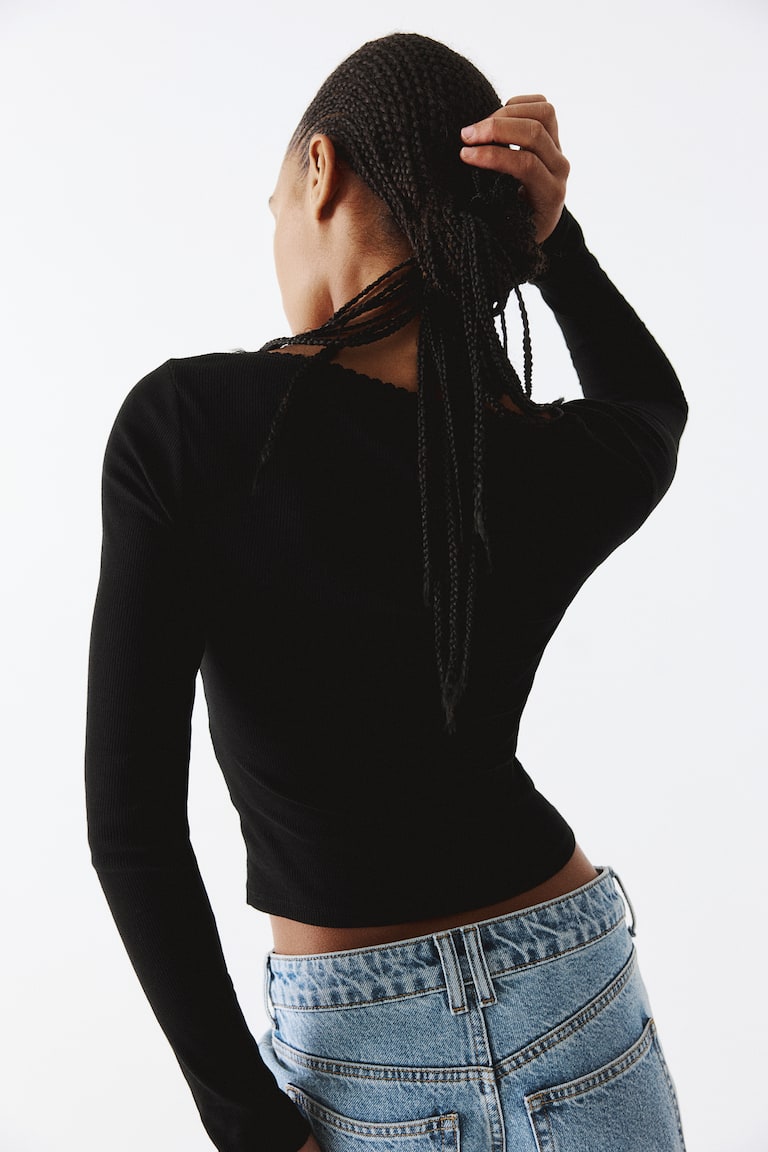 Picot-Trimmed Cotton Top - Black - Ladies | H&M US