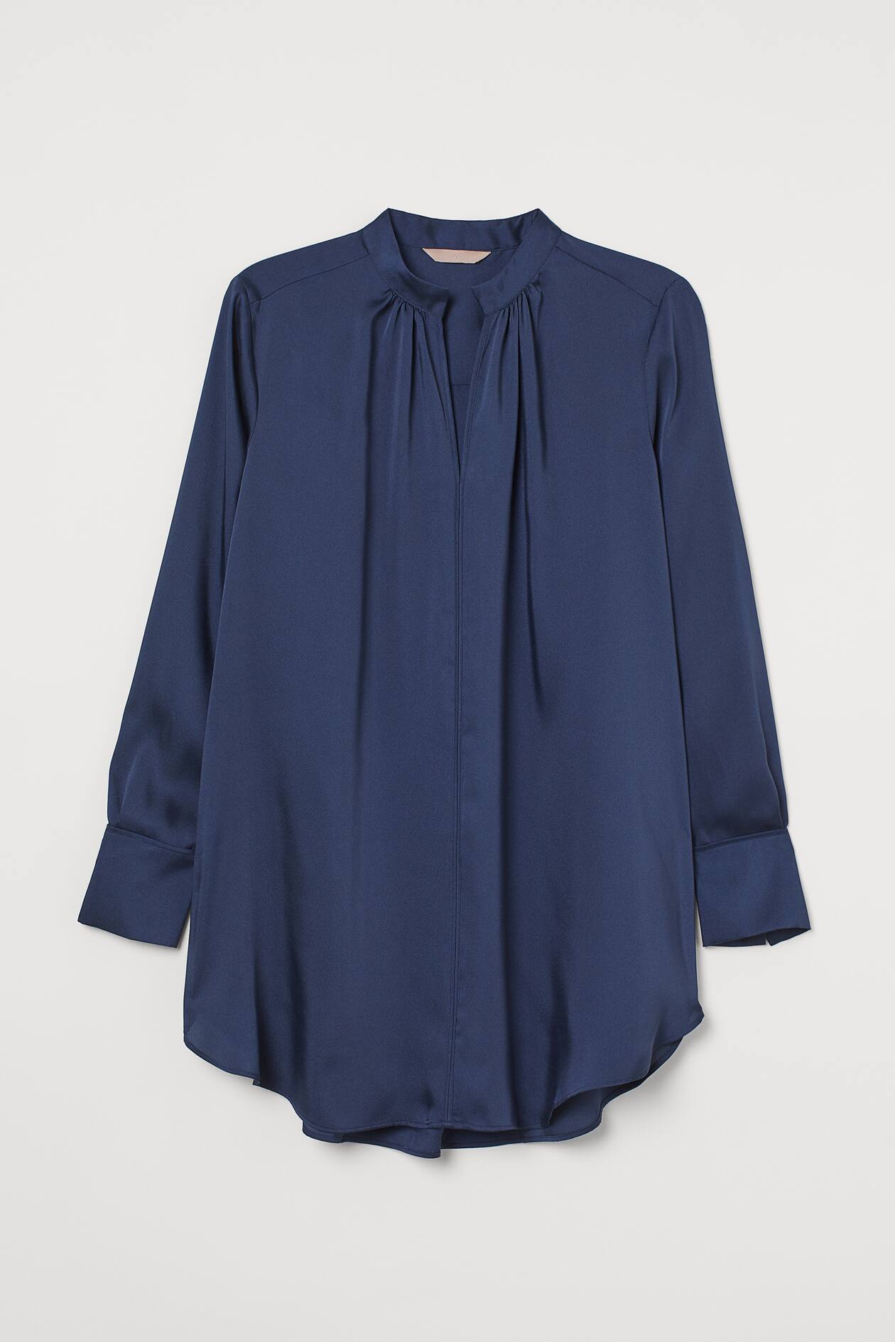 H&M+ Lang bluse i sateng - V-ringning - Langt erme - Marineblå - DAME ...