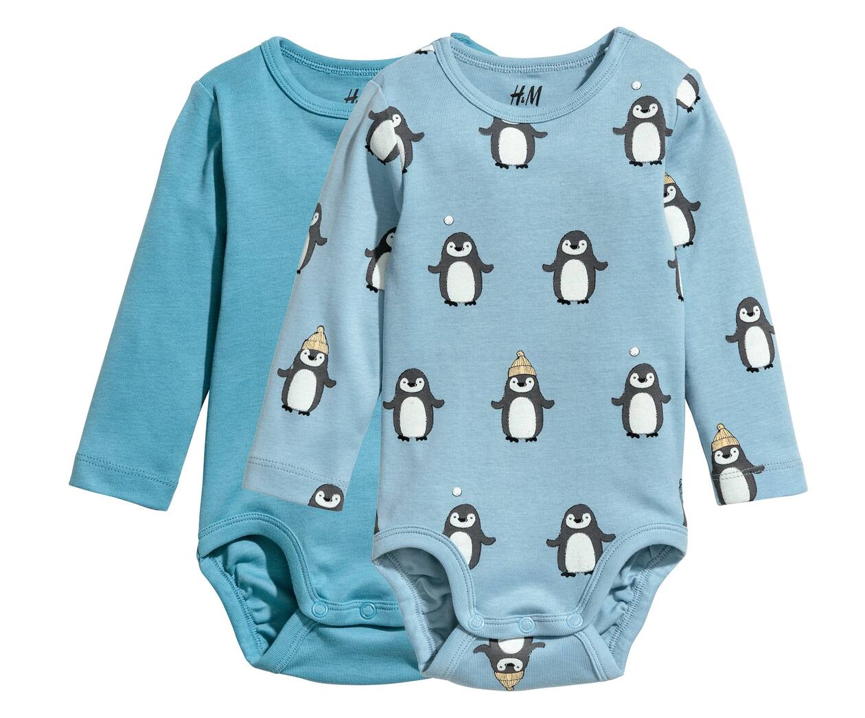 2-pack långärmad body - Ljusblå/Pingvin - BARN | H&M SE