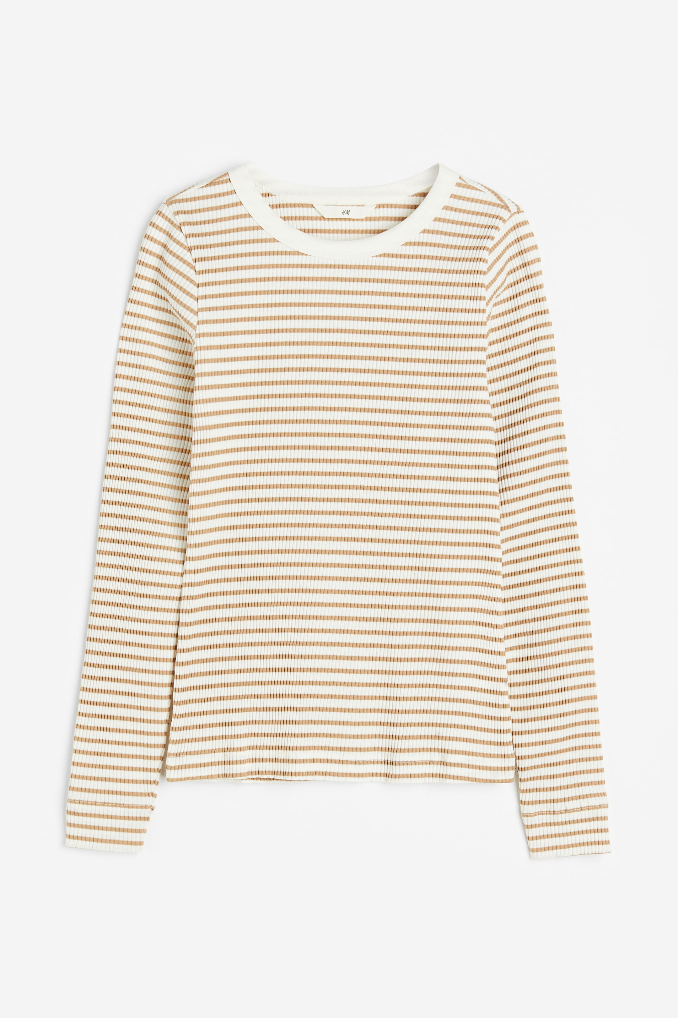 Ribbed top - Round neck - Long sleeve - White/Beige striped - Ladies ...
