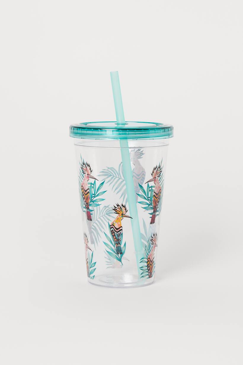 Plastic Mug with Straw - Light turquoise/birds - Home All | H&M US