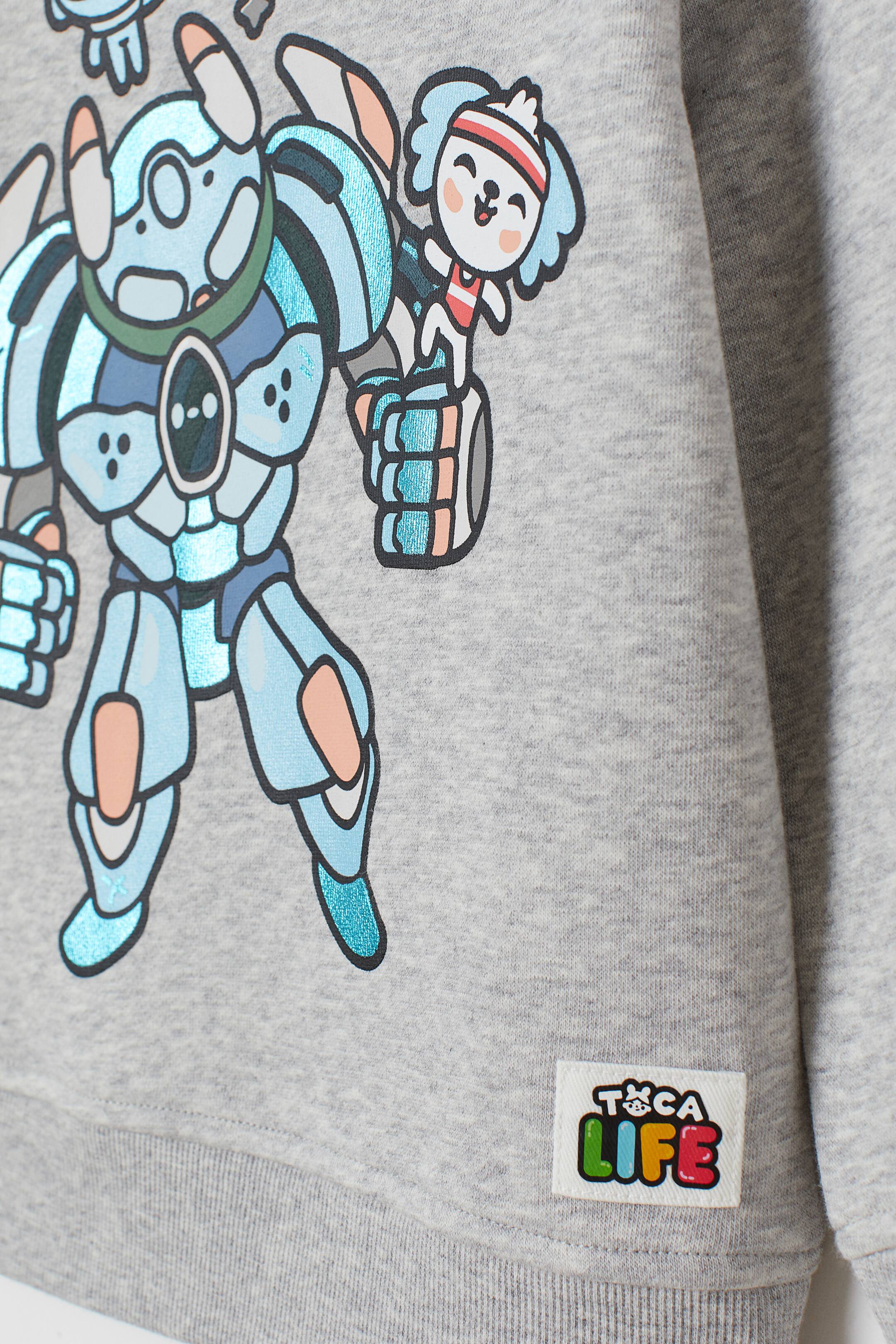 Sweatshirt with Motif - Crew-neck - Long sleeve - Light gray melange ...