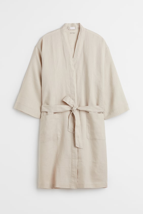Washed linen dressing gown - Light beige - Home All | H&M GB