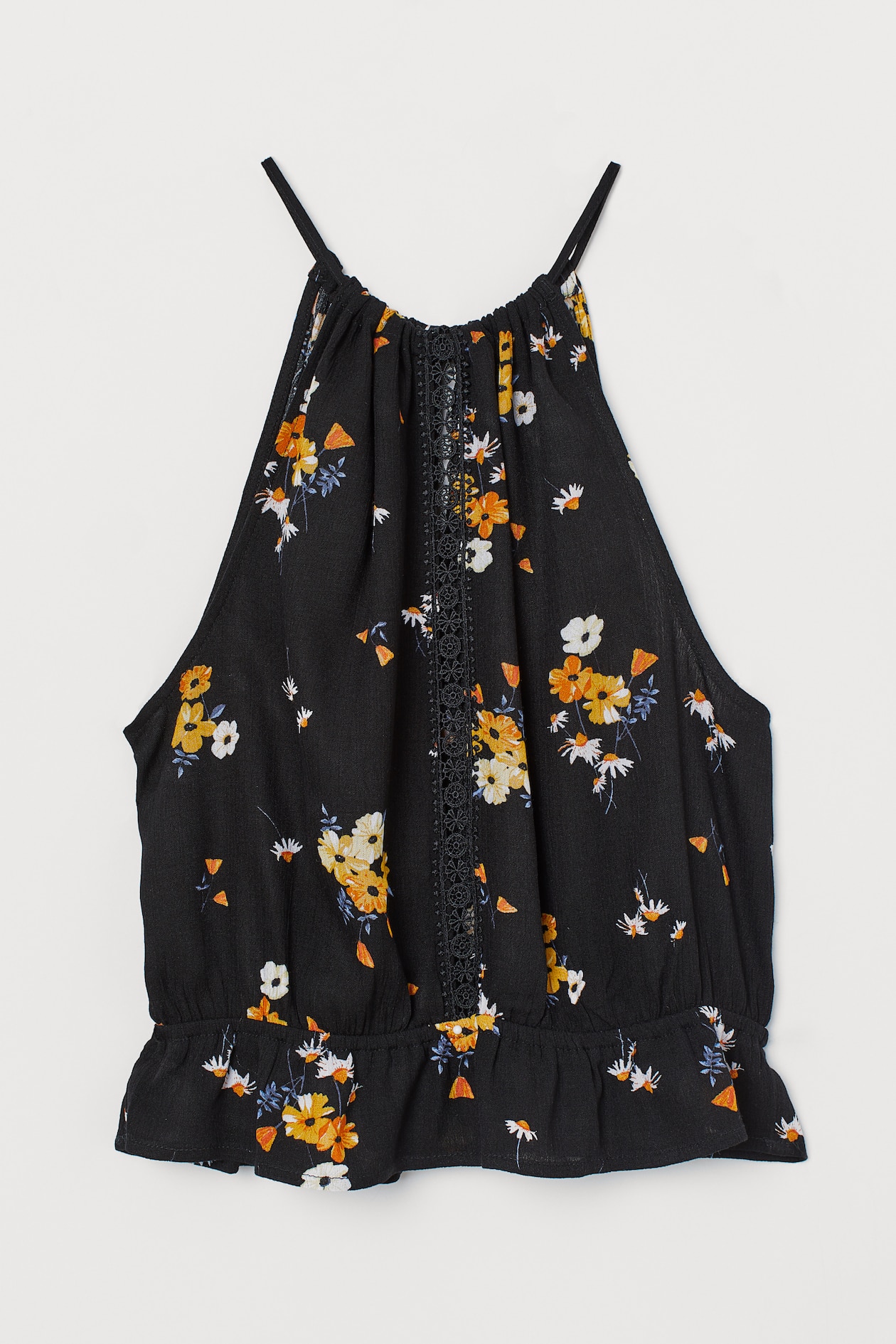 Top enrugado com renda - Preto/Floral - SENHORA | H&M PT