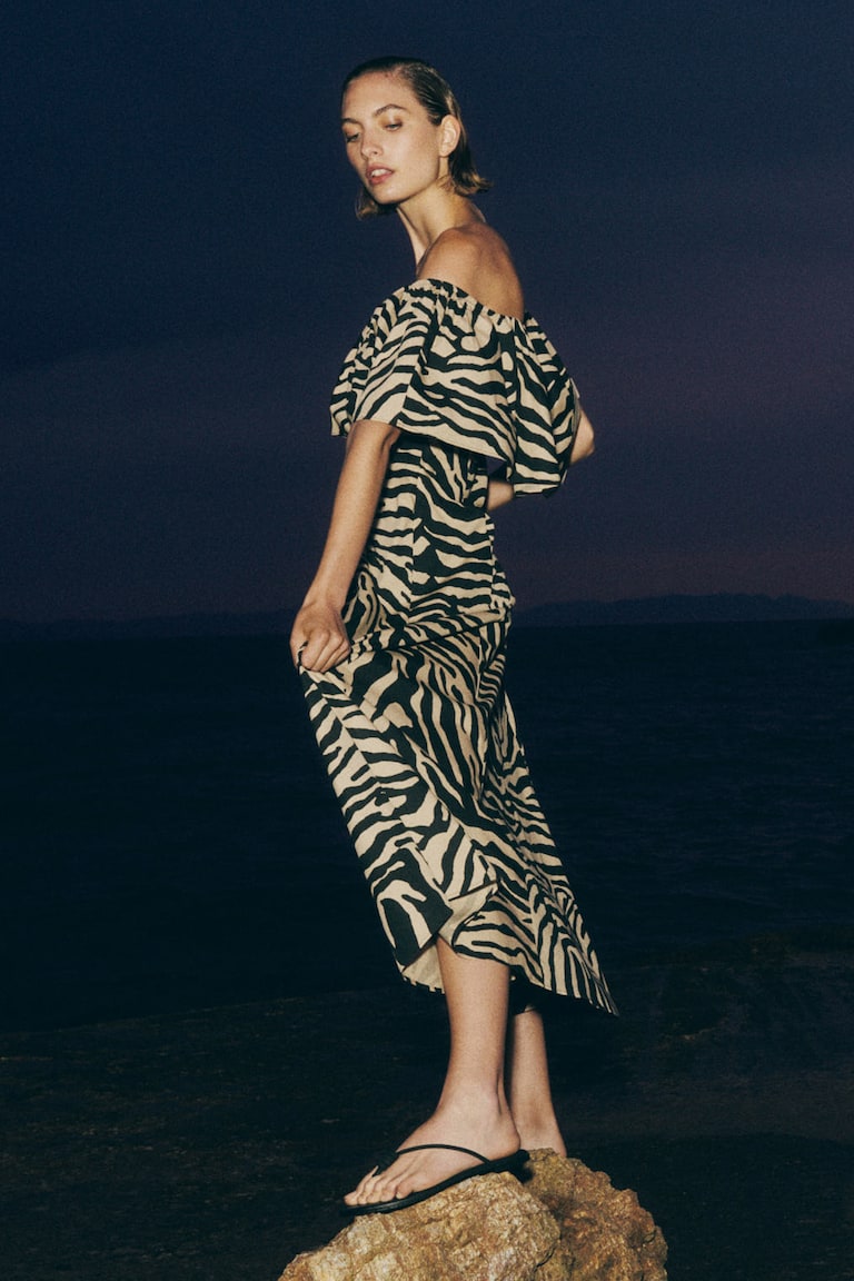 Flounced Off-the-Shoulder Dress - Beige/zebra print - Ladies | H&M US