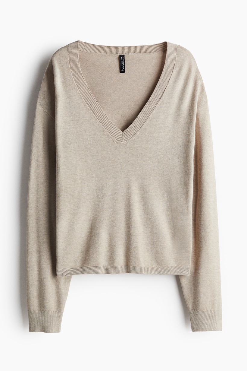 Fine-Knit V-Neck Sweater - Light beige - Ladies | H&M US