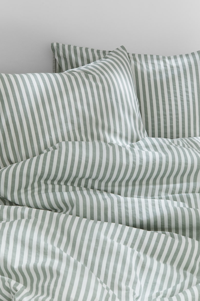 Cotton double/king duvet cover set - Green/Striped - Home All | H&M GB
