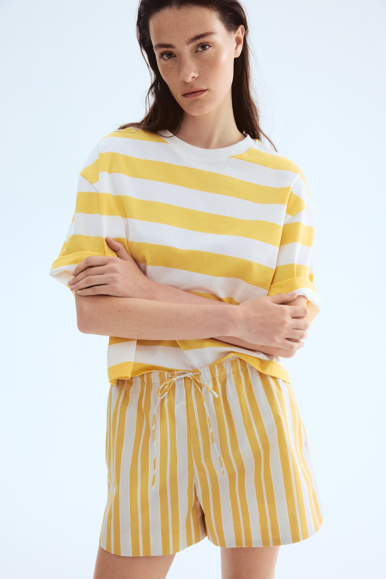 Cotton Shorts with Drawstring - Yellow/striped - Ladies | H&M US