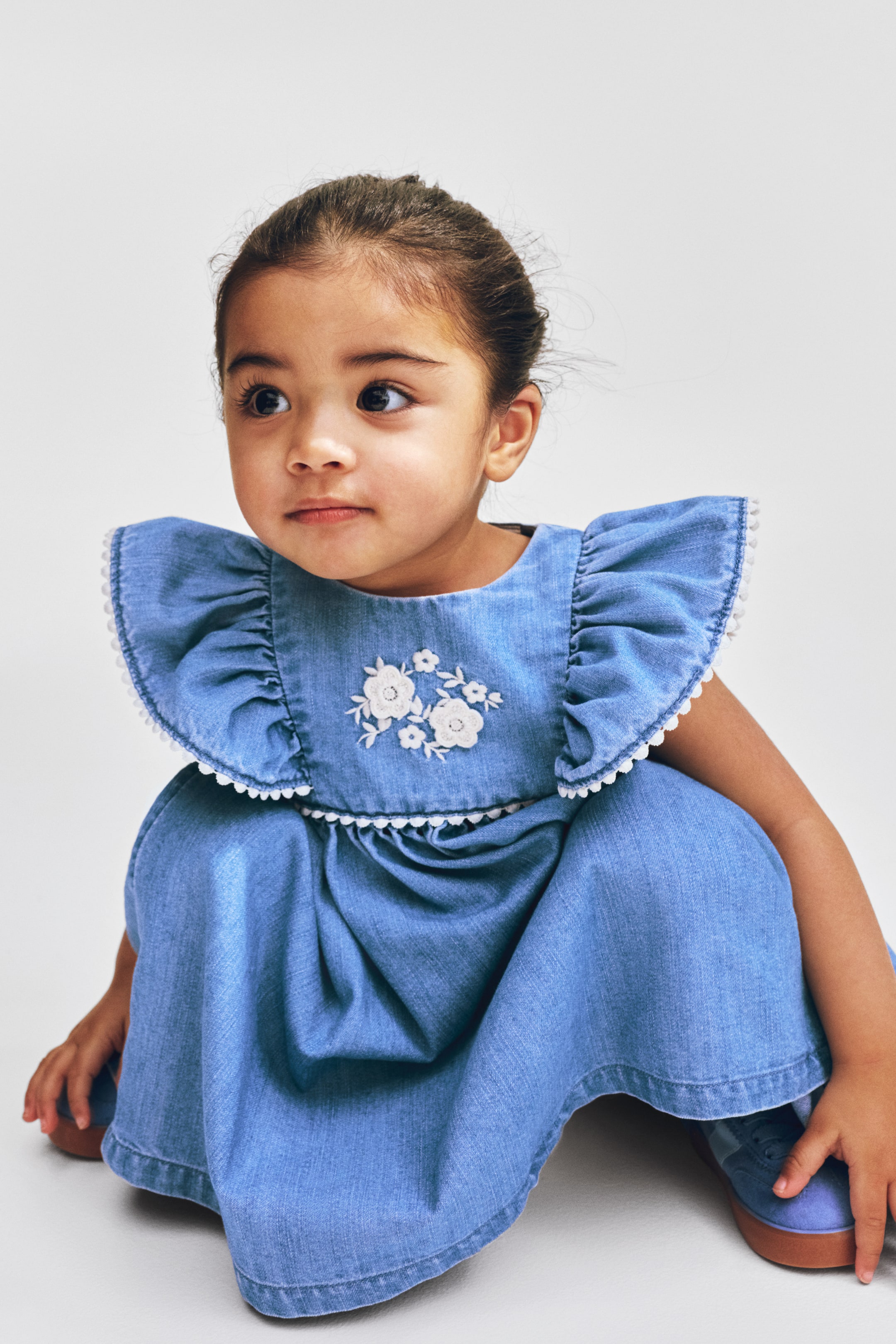 Denim blue/flowers Embroidered-Detail Denim Dress for kids | H&M US