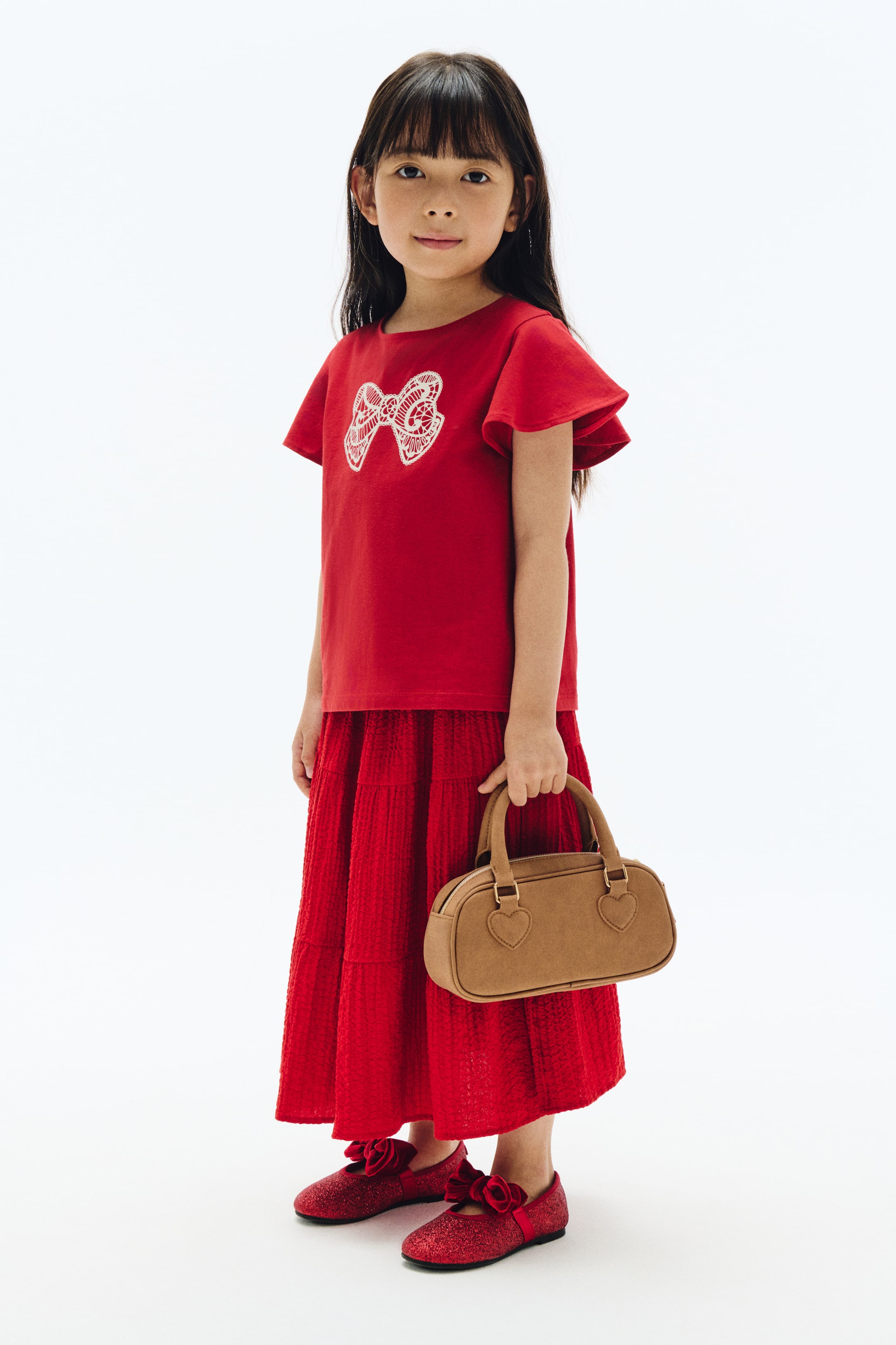 Printed flutter-sleeved top - Red/Bow - Kids | H&M MY