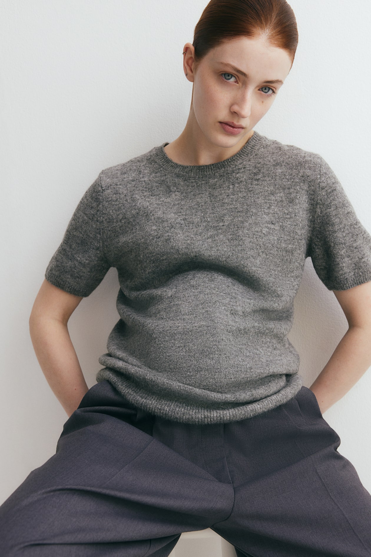 MAMA Short-Sleeved Fine-Knit Top - Gray melange - Ladies | H&M US