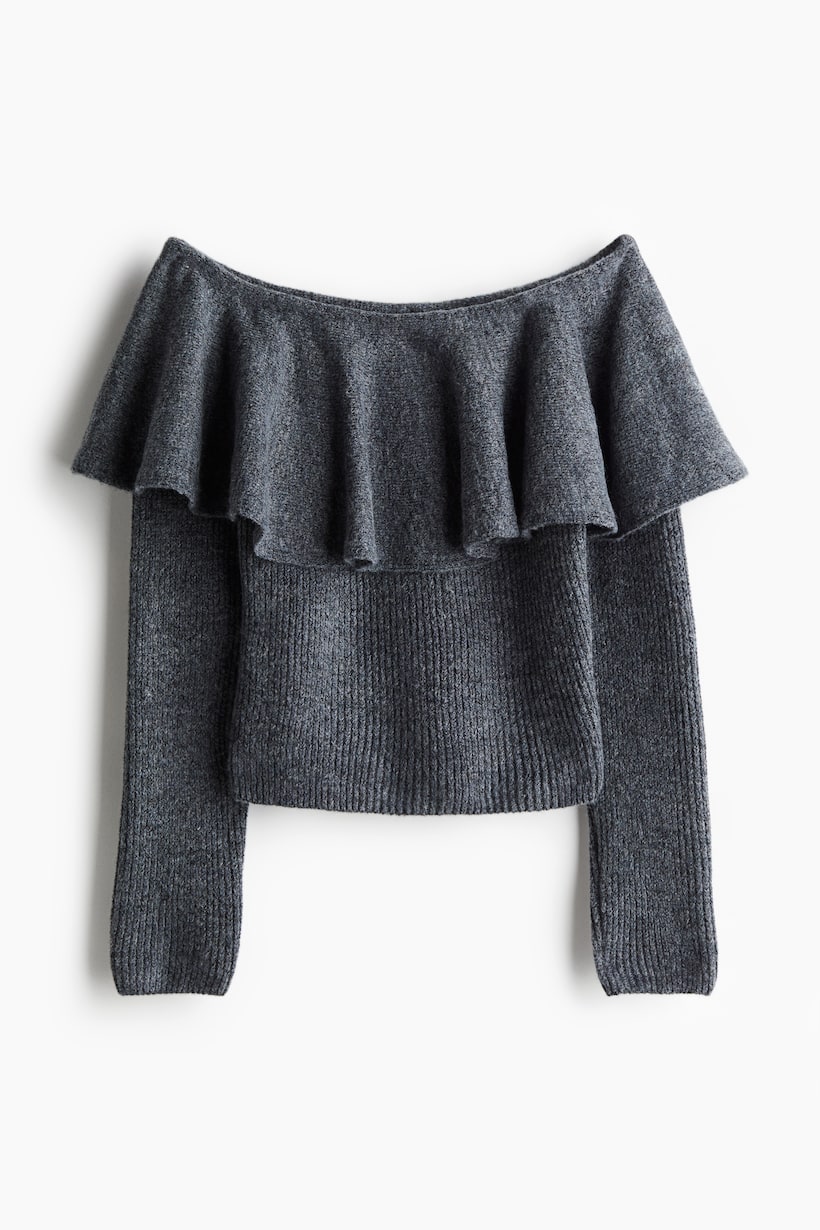 Flounced off-the-shoulder jumper - Dark grey marl - Ladies | H&M GB