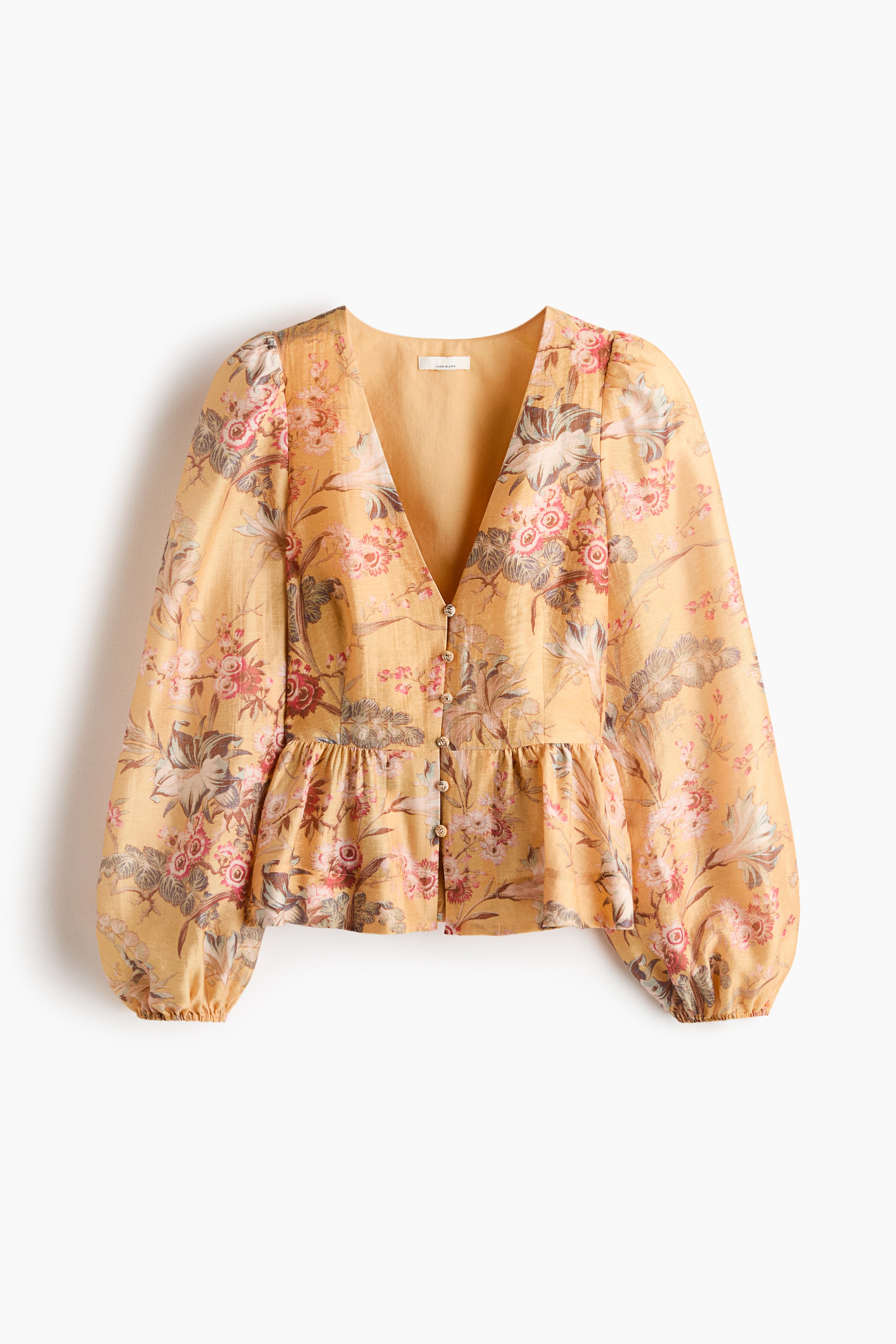 Linen-blend peplum blouse - Yellow/Floral - Ladies | H&M HK