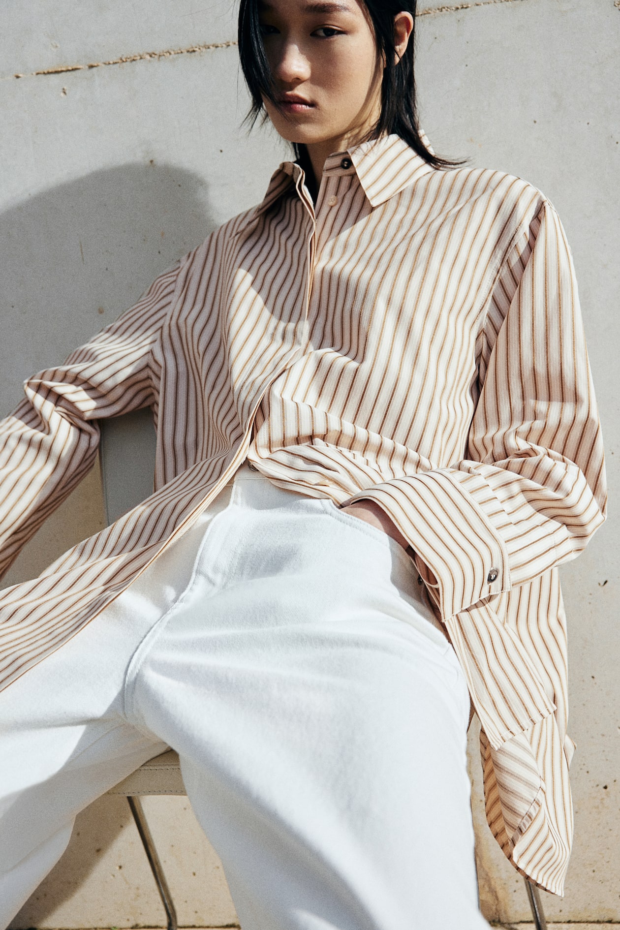 Oversized Twill Shirt - Light beige/striped - Ladies | H&M US