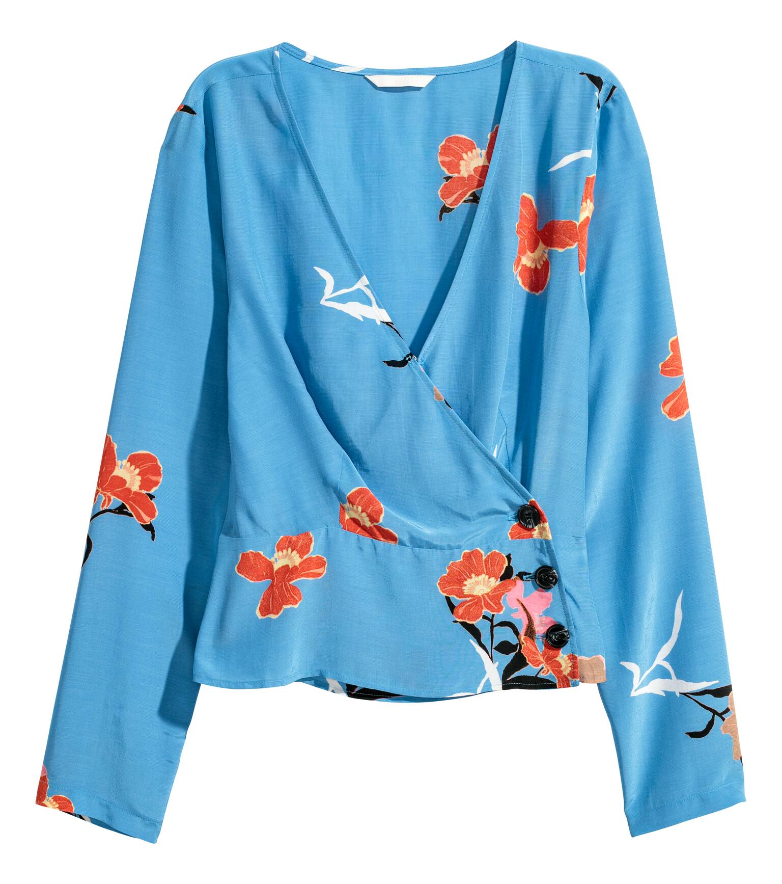 Patterned Wrapover Blouse - V-neck - Long sleeve - Light blue/floral ...
