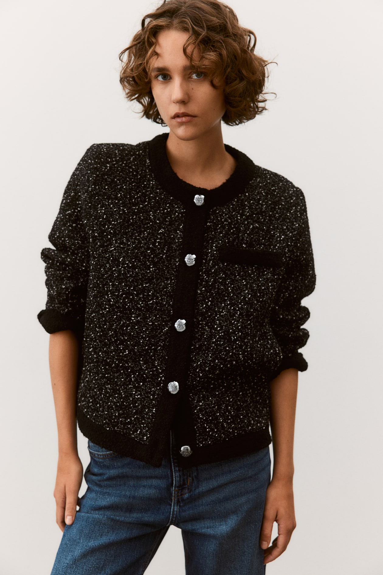 Textured-Weave Jacket - Round Neck - Long sleeve - Black melange ...