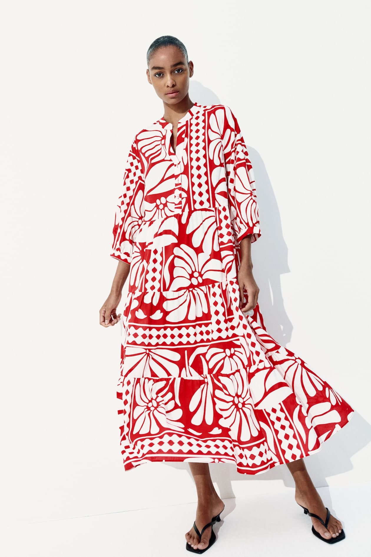 Tiered Midi Dress - Bright red/patterned - Ladies | H&M US