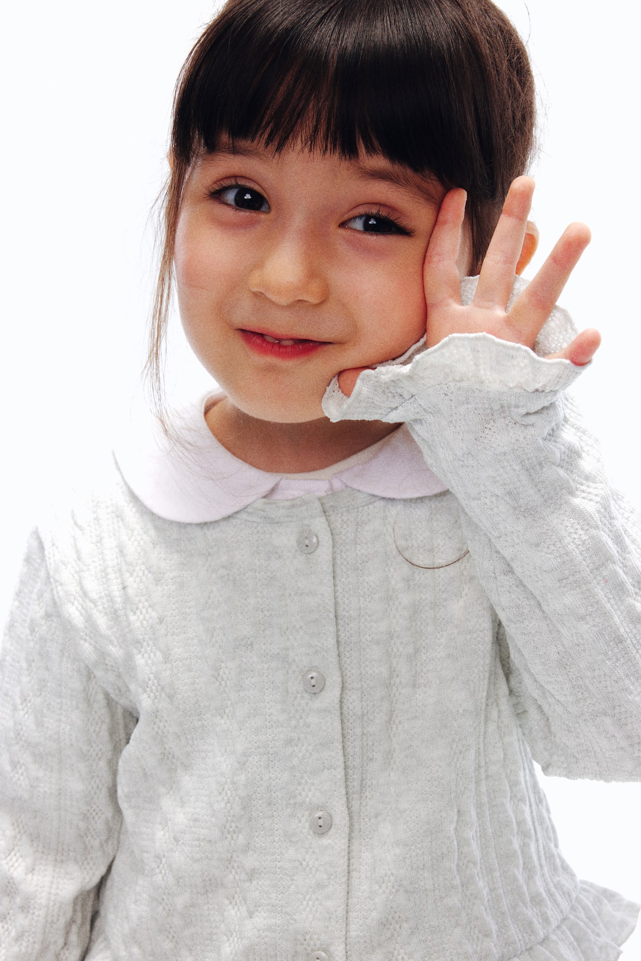 Cable-knit frill-trimmed cardigan - Light grey marl - Kids | H&M SG