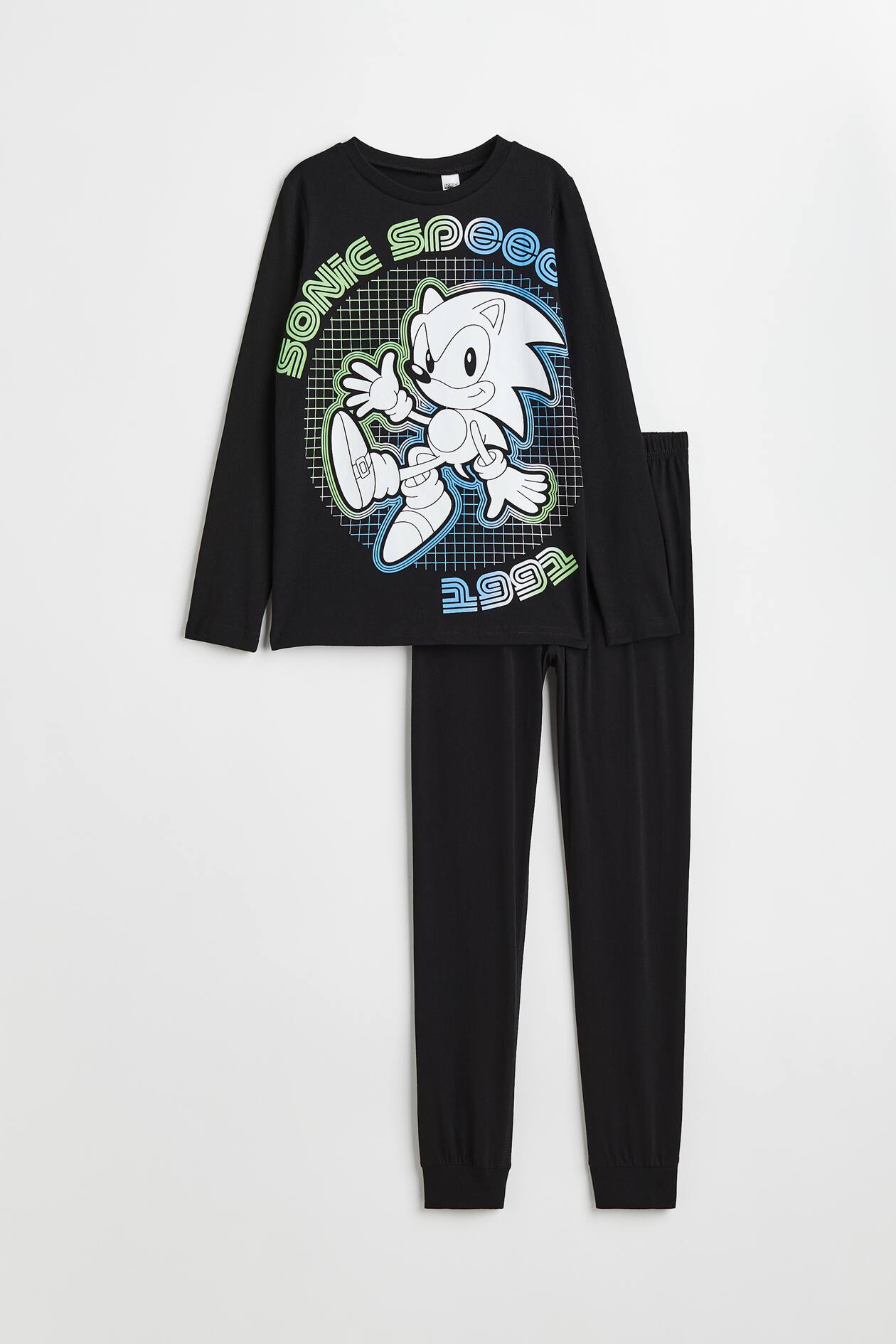 Pyjamas i bomullstrikå med tryck - Rundhalsad - Lång ärm - Svart/Sonic ...