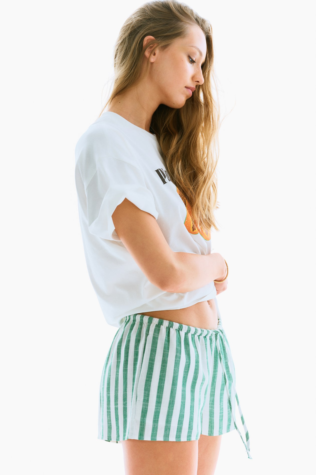 Women's White/Green striped Linen-blend drawstring shorts | H&M GB